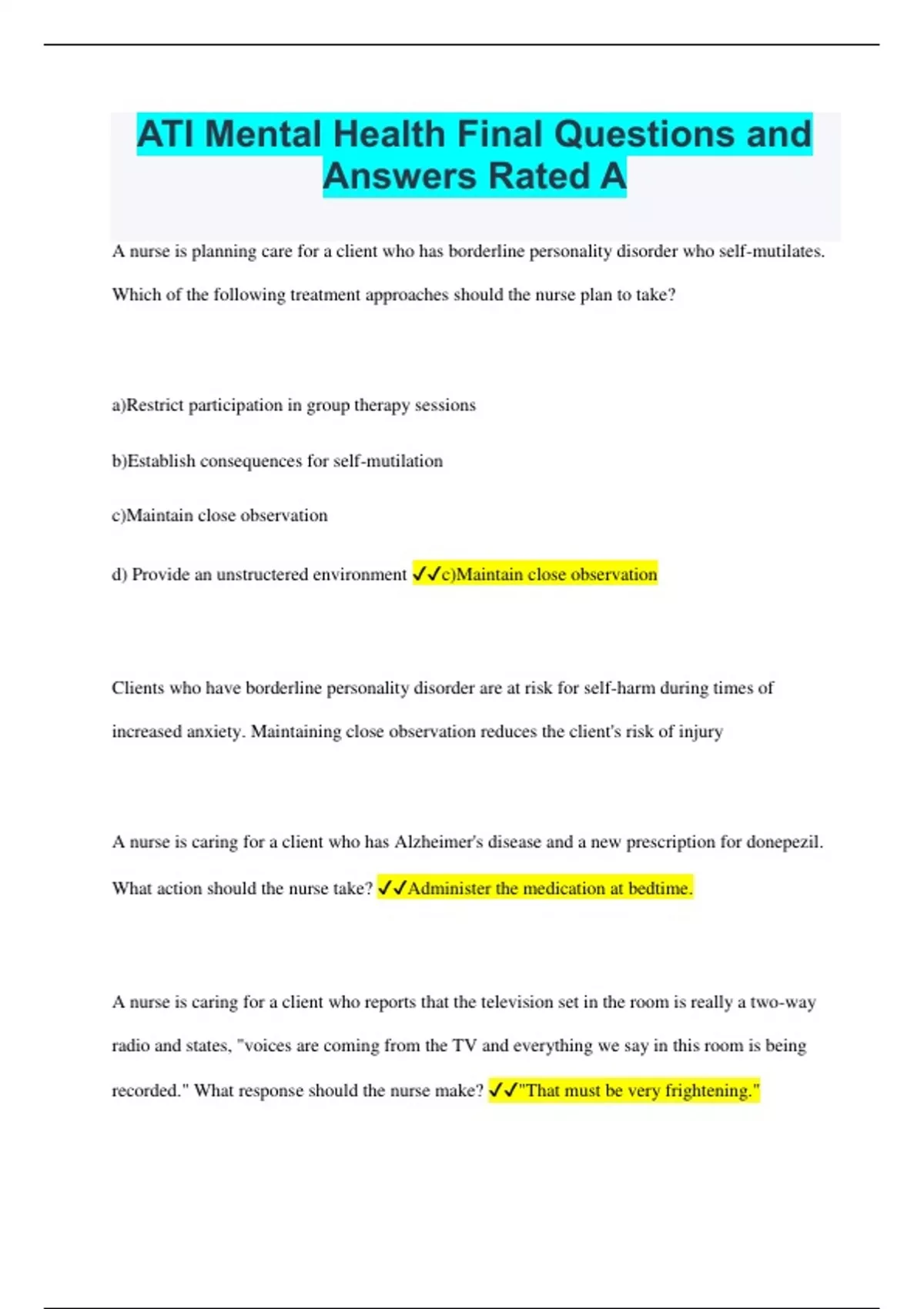 ATI Mental health Assessment Questions and Answers 100% Pass - ATI ...