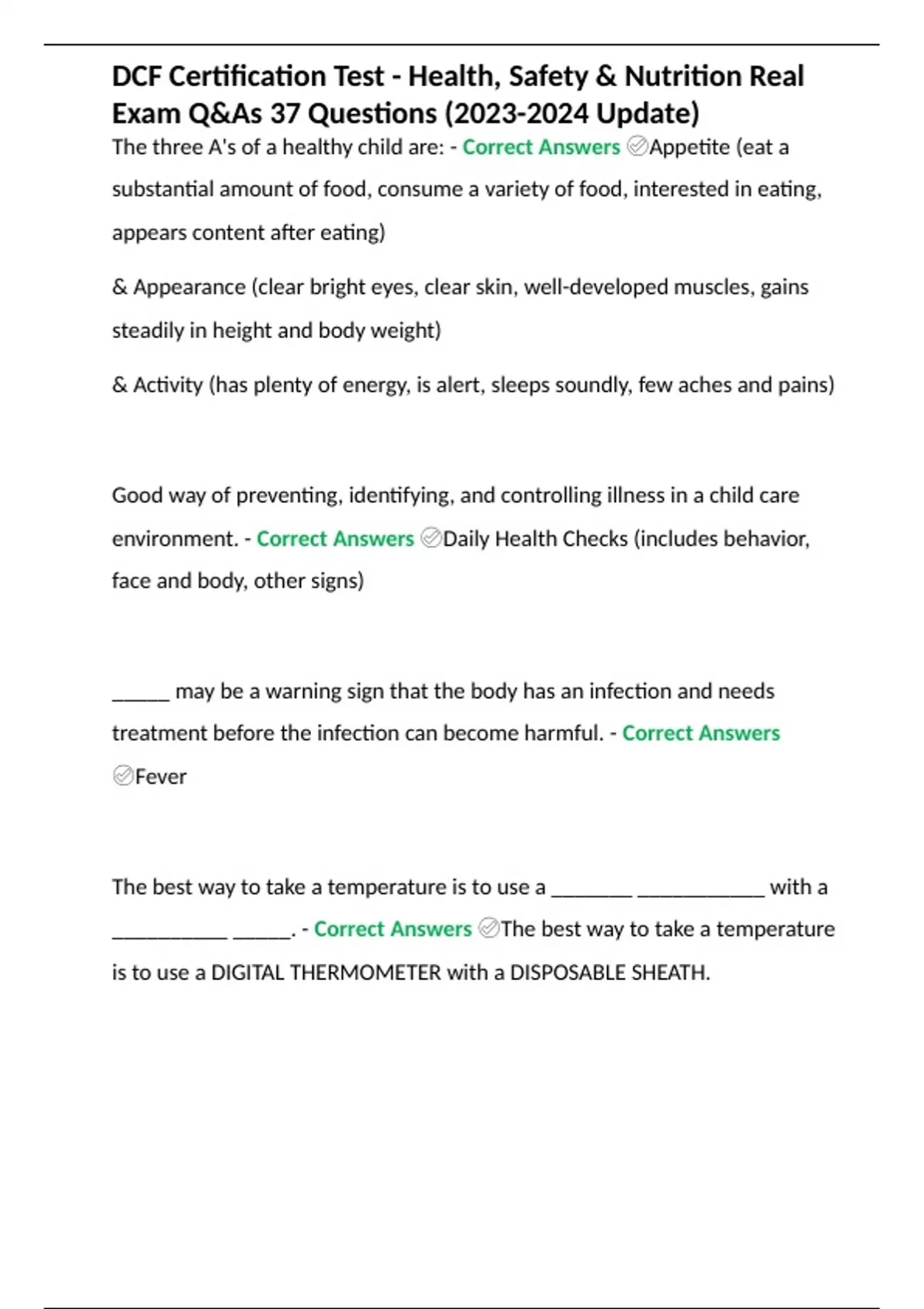 DCF Certification Test - Health, Safety & Nutrition Real Exam Q&As 37 ...