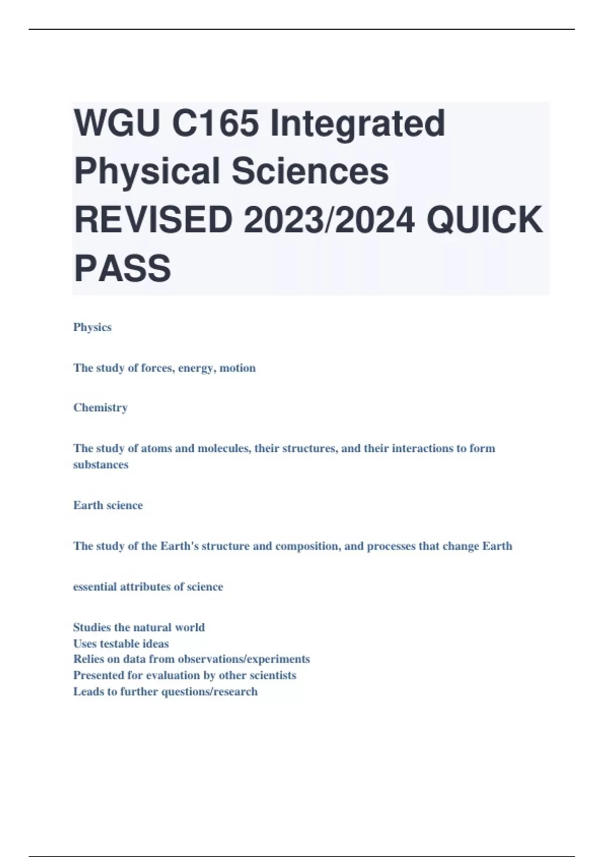 WGU C165 Integrated Physical Sciences REVISED 2023/2024 QUICK PASS ...