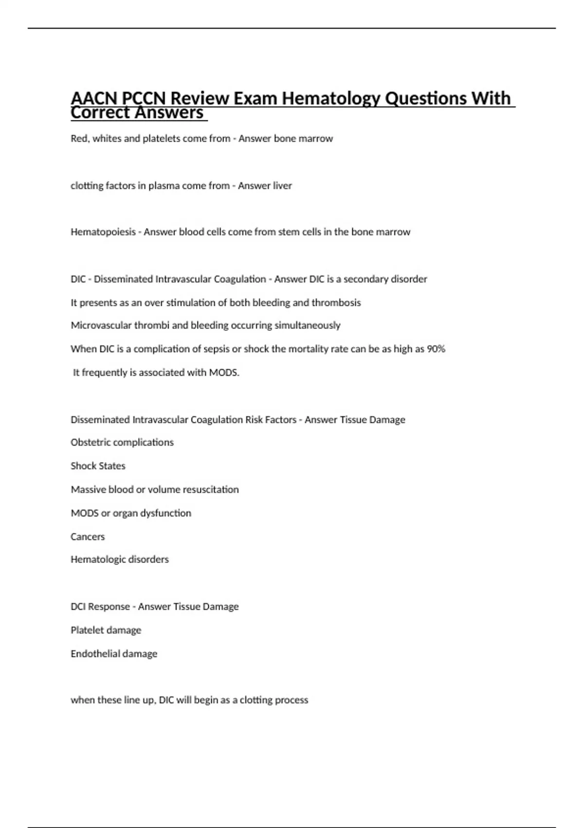 AACN PCCN Review Exam Hematology Questions With Correct Answers - AACN ...