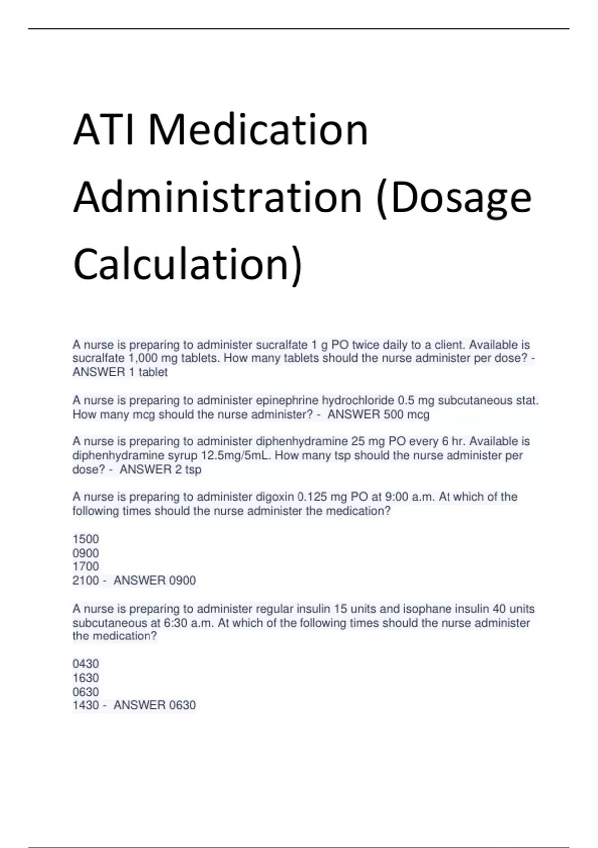 ATI Medication Administration (Dosage Calculation - ATI Medication A ...