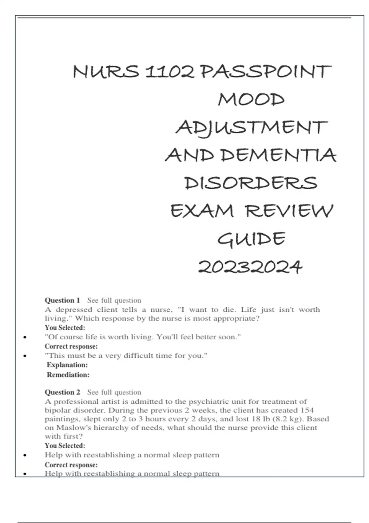 NURS 1102 PASSPOINT MOOD ADJUSTMENT AND DEMENTIA DISORDERS EXAM REVIEW ...
