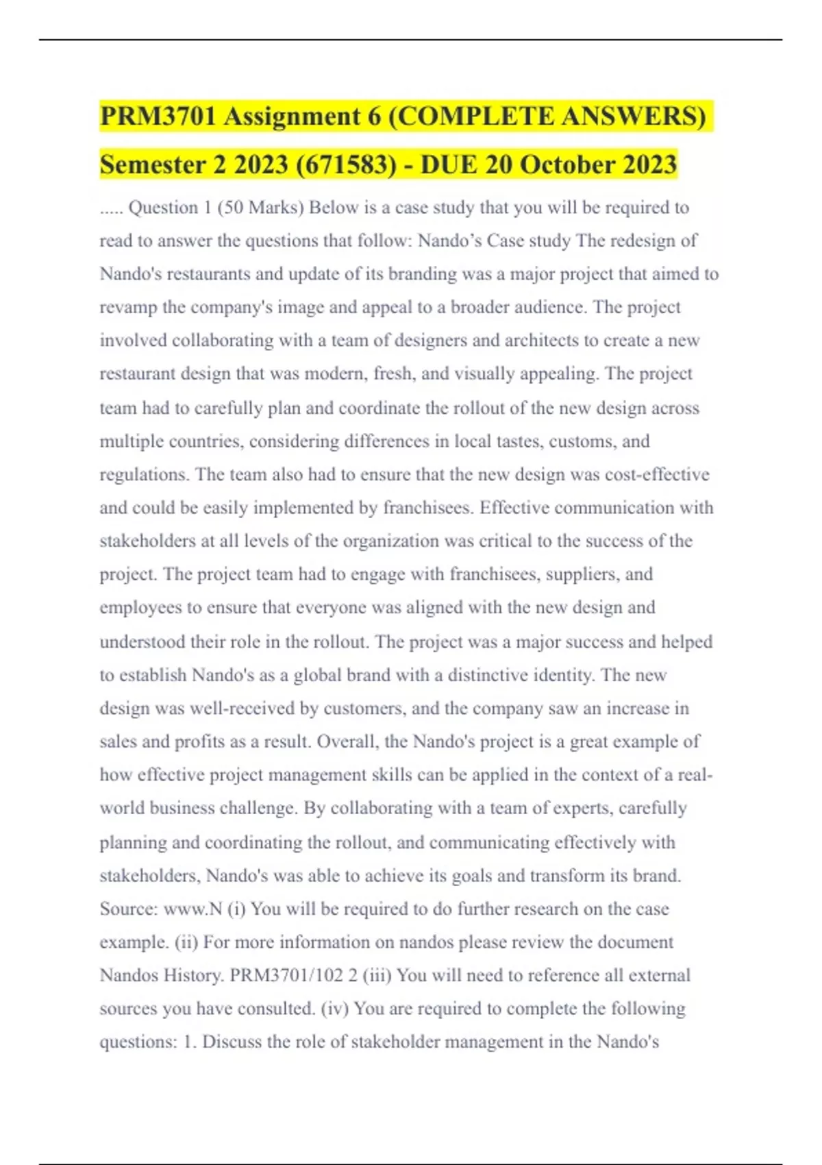 PRM3701 Assignment 6 (COMPLETE ANSWERS) Semester 2 2023 (671583) - DUE ...