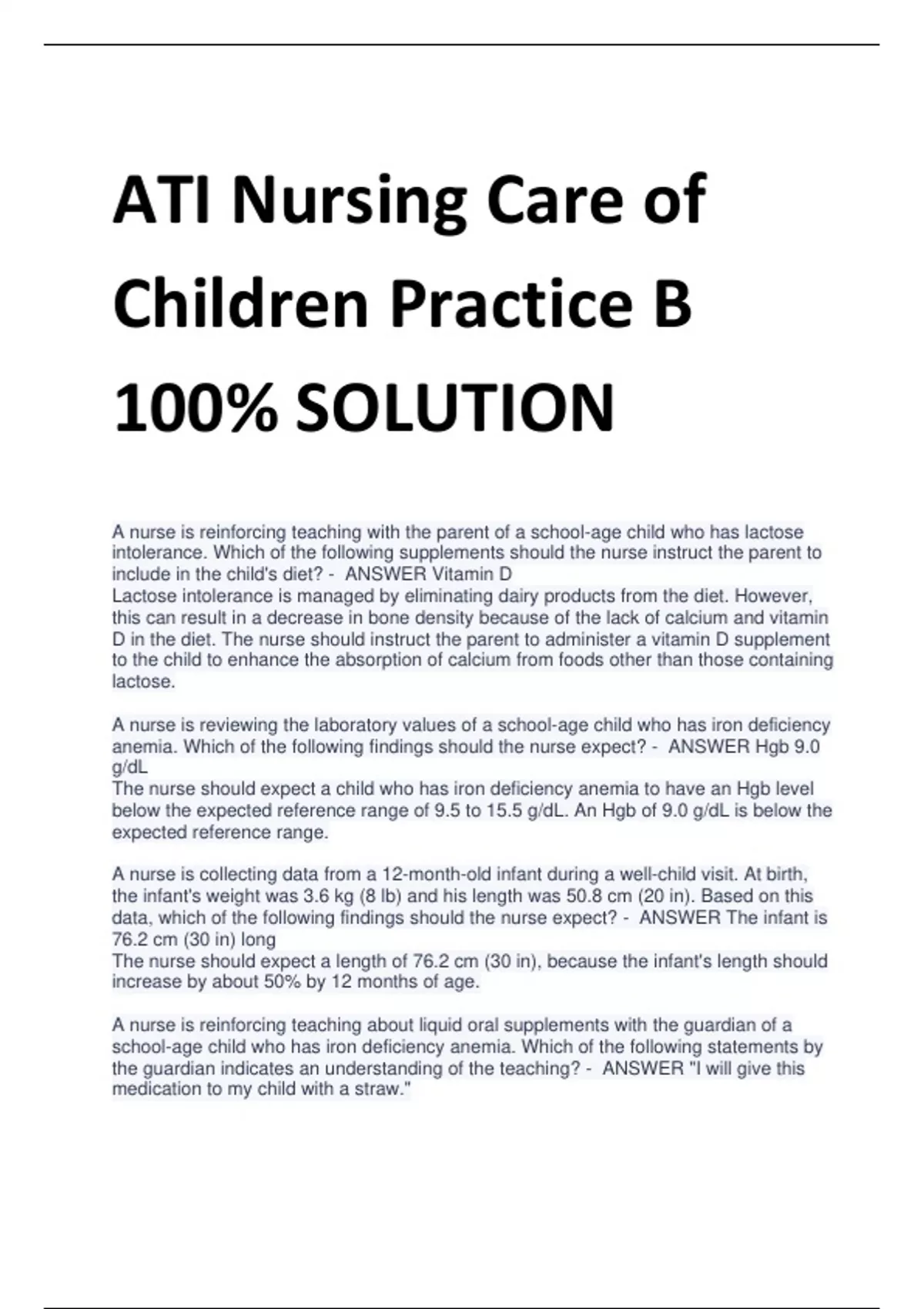 ATI Nursing Care of Children Practice B 100% SOLUTION - ATI Nursing ...