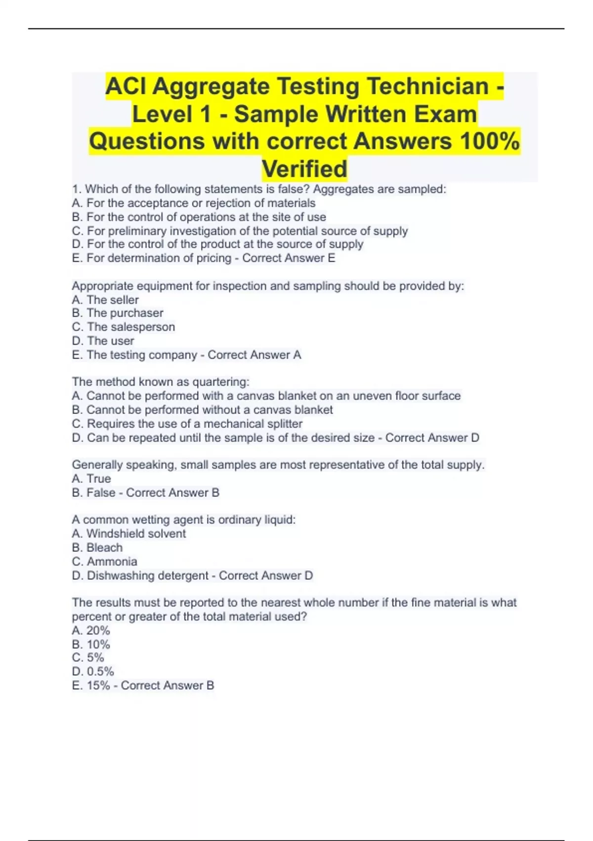 ACI Aggregate Testing Technician Level 1 Sample Written Exam ACI Aggregate Testing Technician Level 1 Sample Written Exam