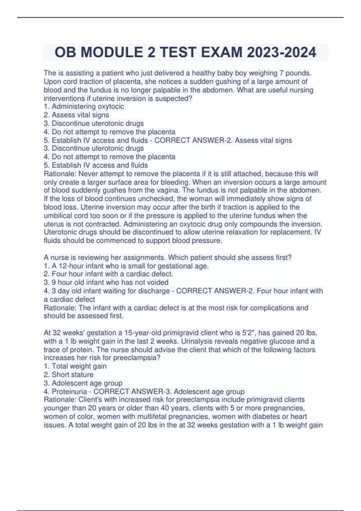 OB MODULE 2 TEST EXAM - Ob - Stuvia US