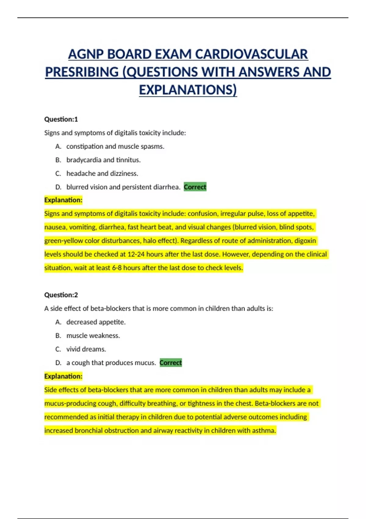 AGNP BOARD EXAM CARDIOVASCULAR PRESRIBING |QUESTIONS WITH ANSWERS AND ...