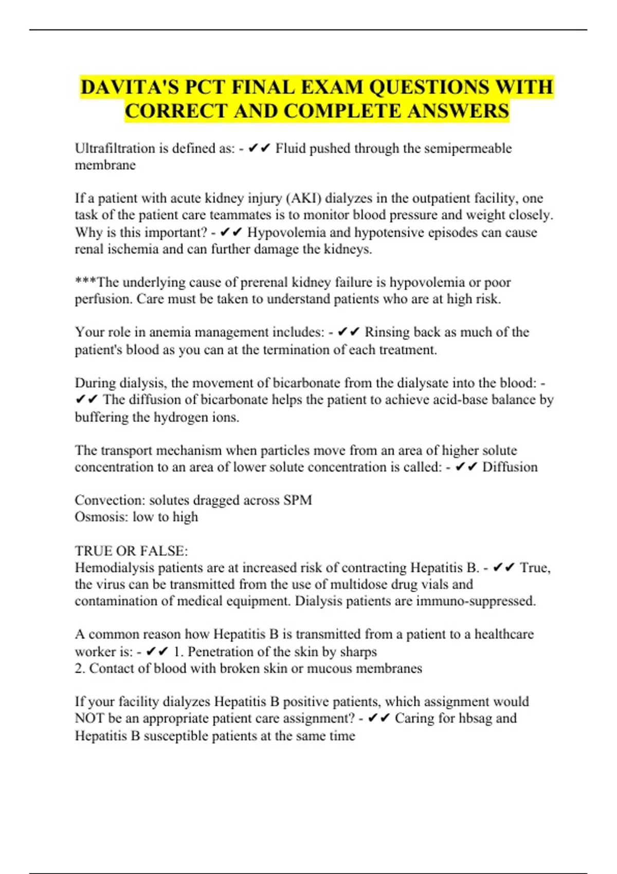 DAVITA'S PCT FINAL EXAM QUESTIONS WITH CORRECT AND COMPLETE ANSWERS ...