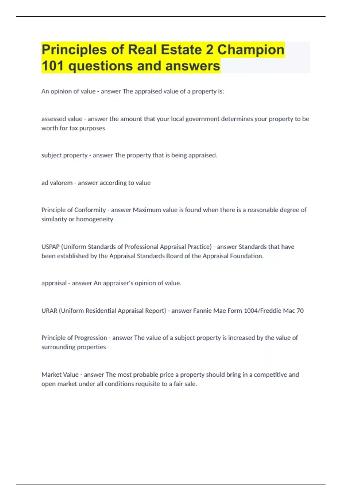 Principles of Real Estate 2 Champion |101 questions and answers ...