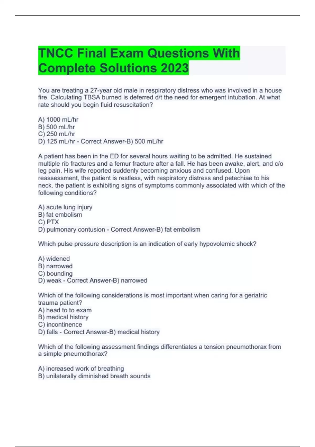 TNCC Final Exam Questions With Complete Solutions 2023 - TNCC - Stuvia US