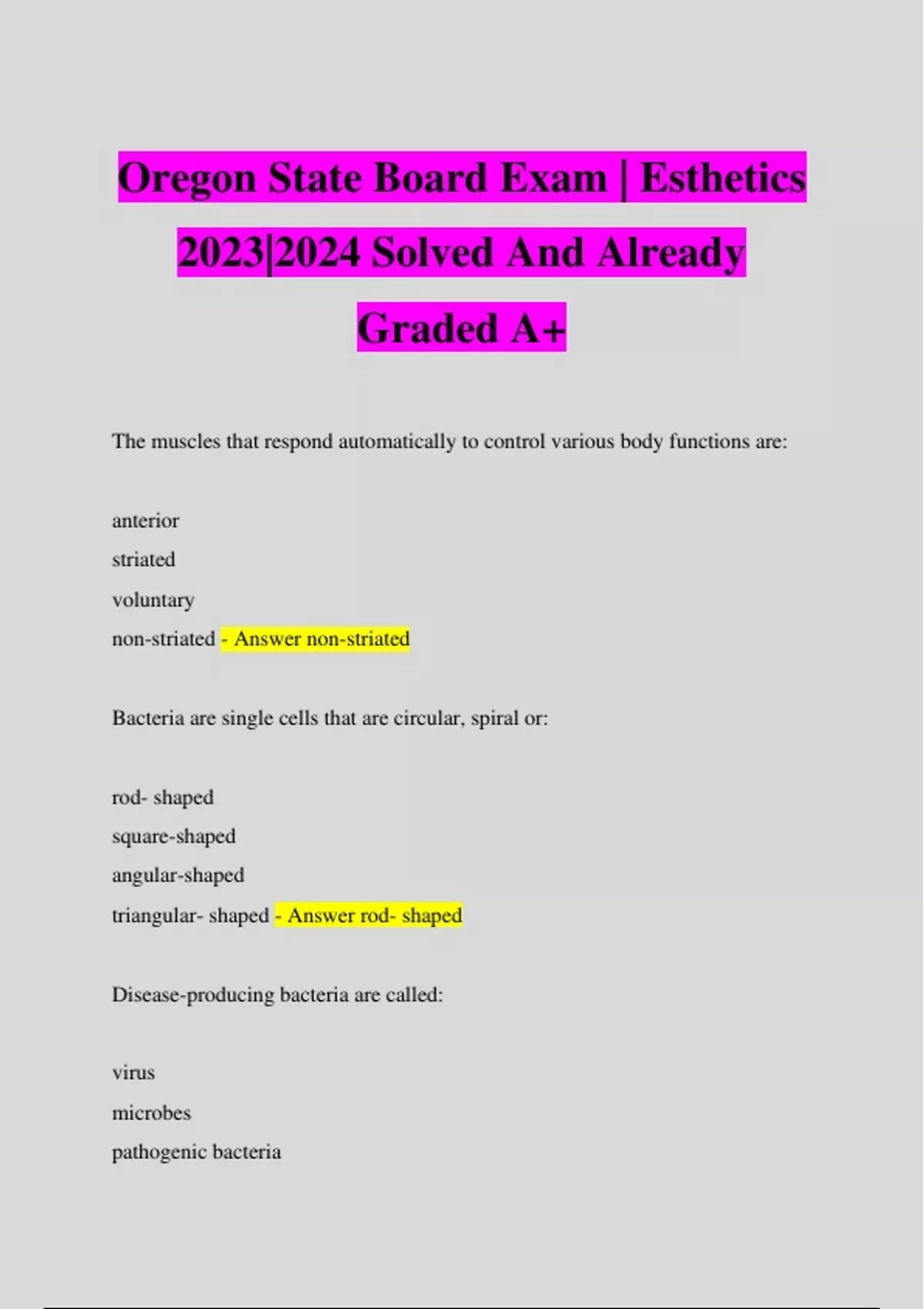 Oregon State Board Exam | Esthetics 2023|2024 Solved And Already Graded ...