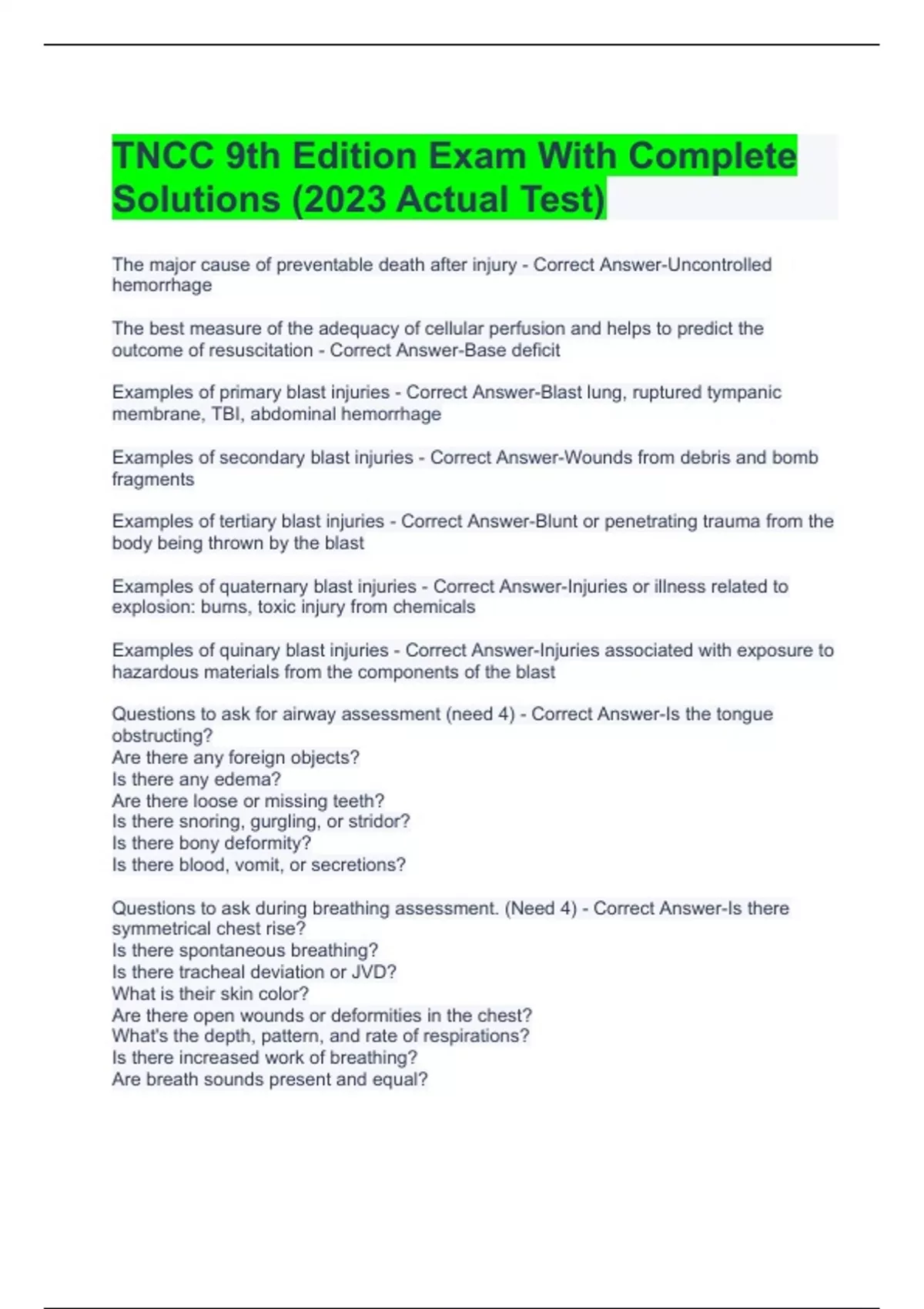 TNCC 9th Edition Exam With Complete Solutions (2023 Actual Test) - TNCC ...