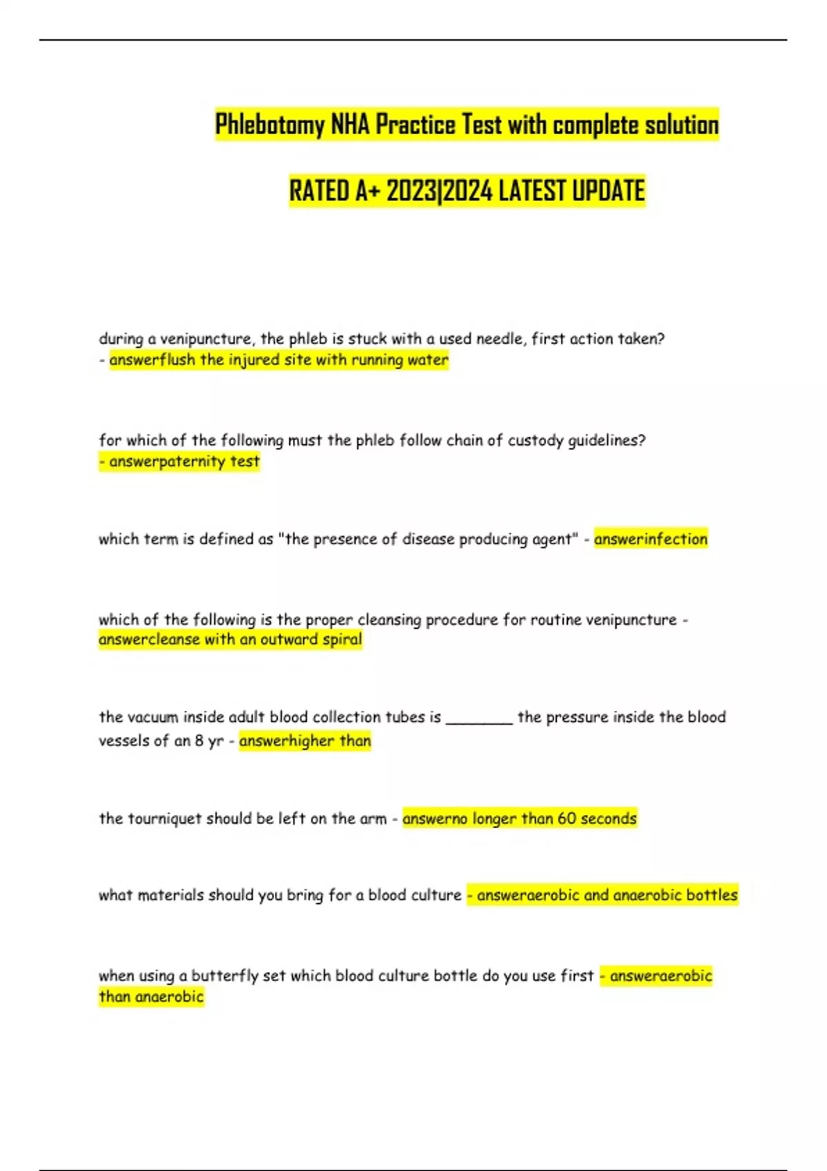 Phlebotomy NHA Practice Test with complete solution RATED A+ 2023|2024 ...