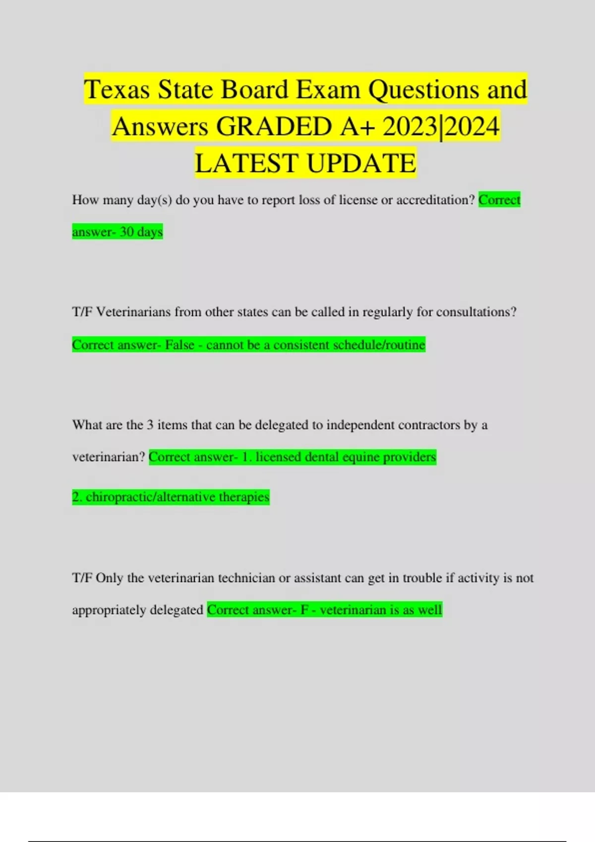 Texas State Board Exam Questions and Answers GRADED A+ 2023|2024 LATEST ...