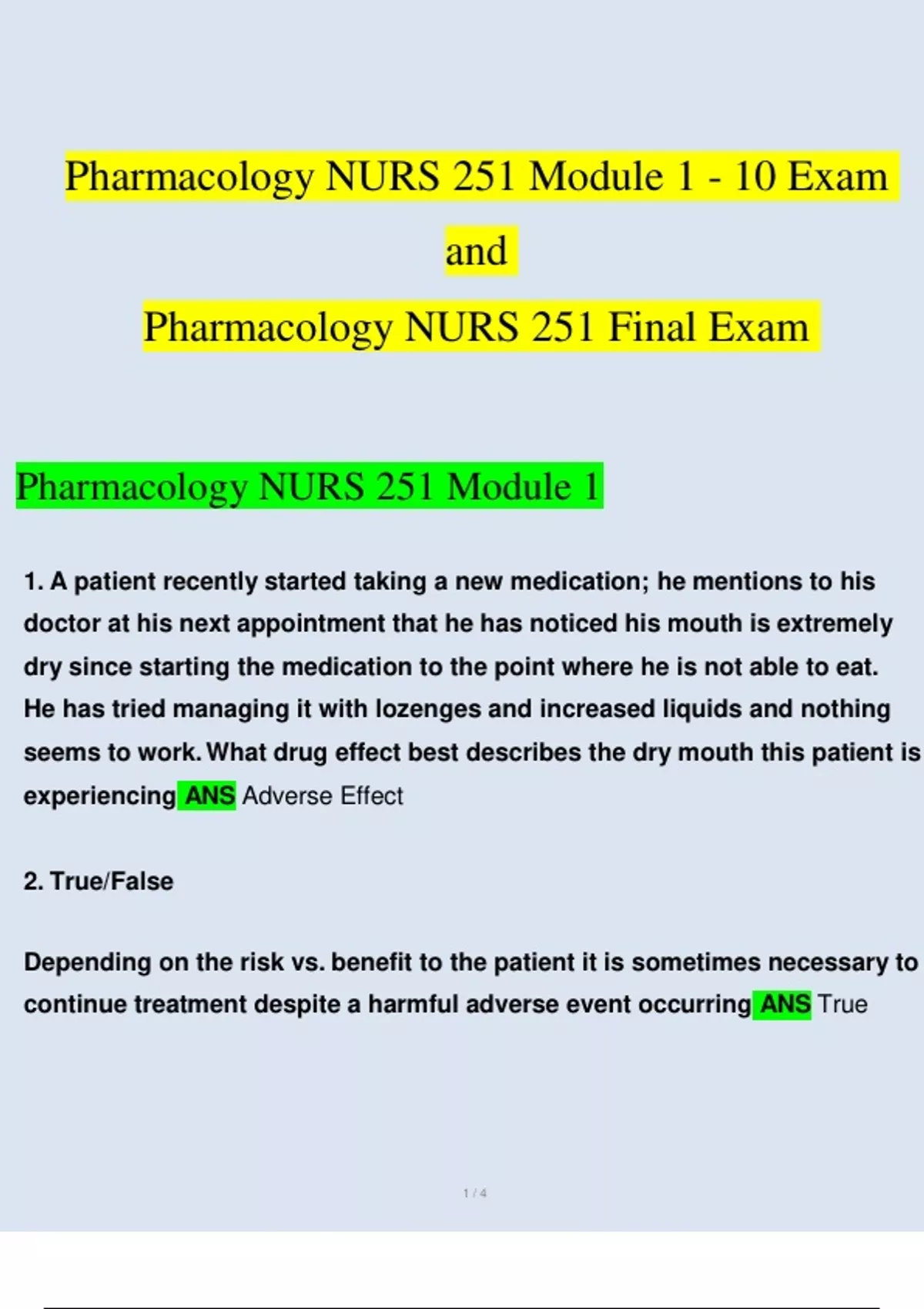NURS 251 Pharmacology Module 1, 2, 3, 4, 5, 6, 7, 8, 9, 10 Exam's and ...