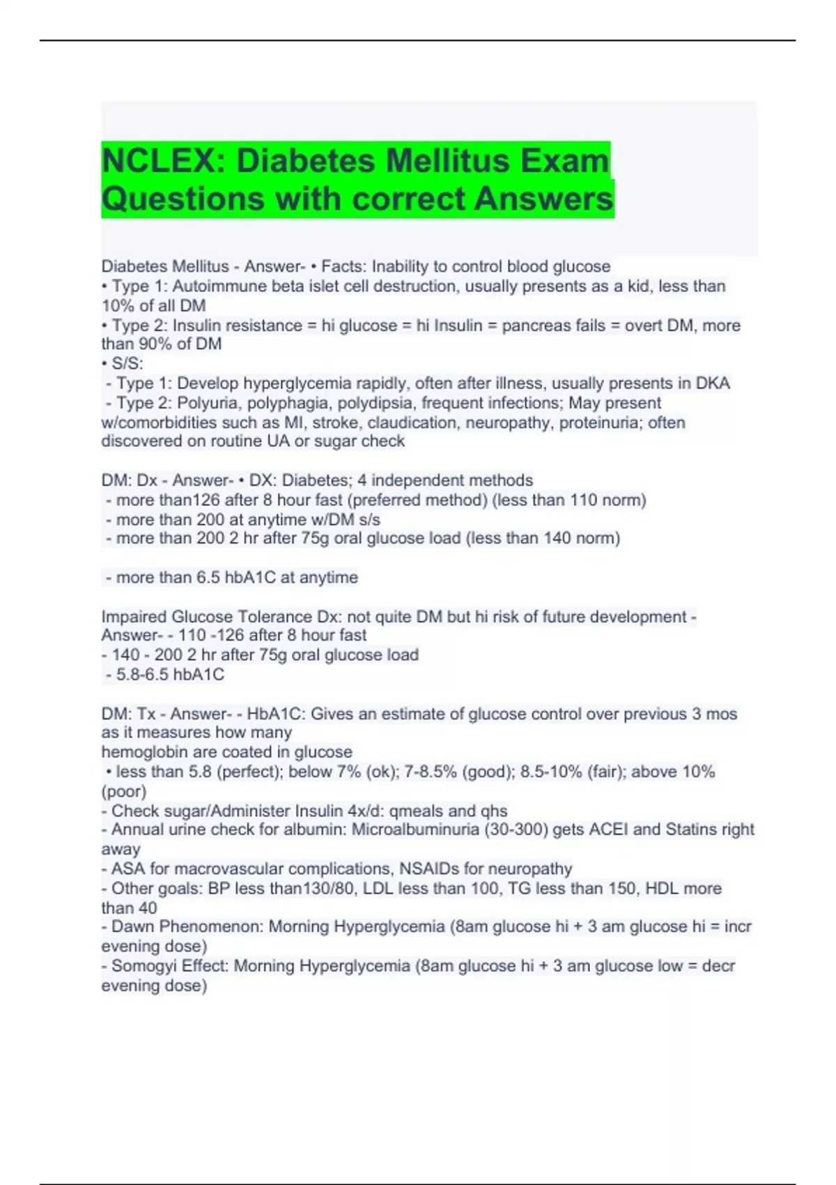 NCLEX Diabetes Mellitus Exam Questions with correct Answers - Diabetes ...