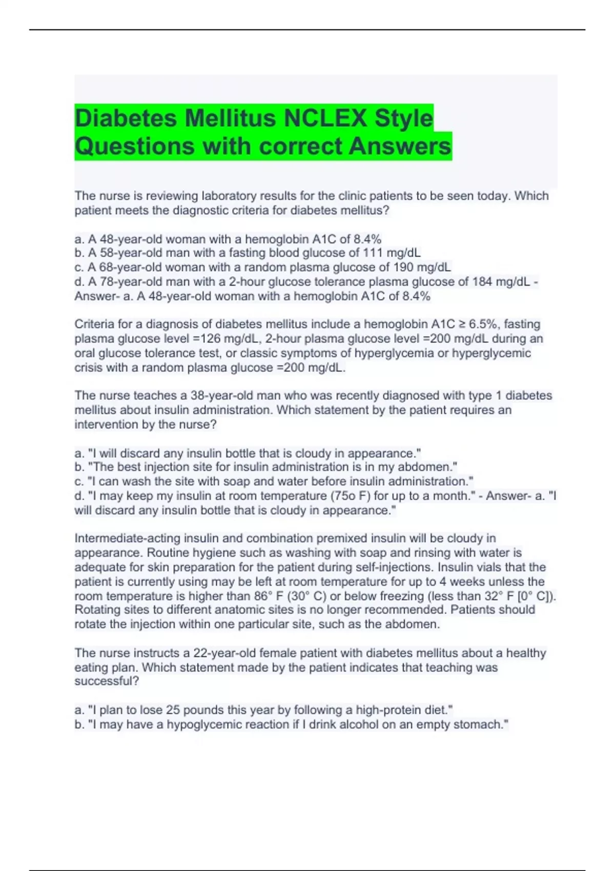 Diabetes Mellitus NCLEX Style Questions with correct Answers - Diabetes ...