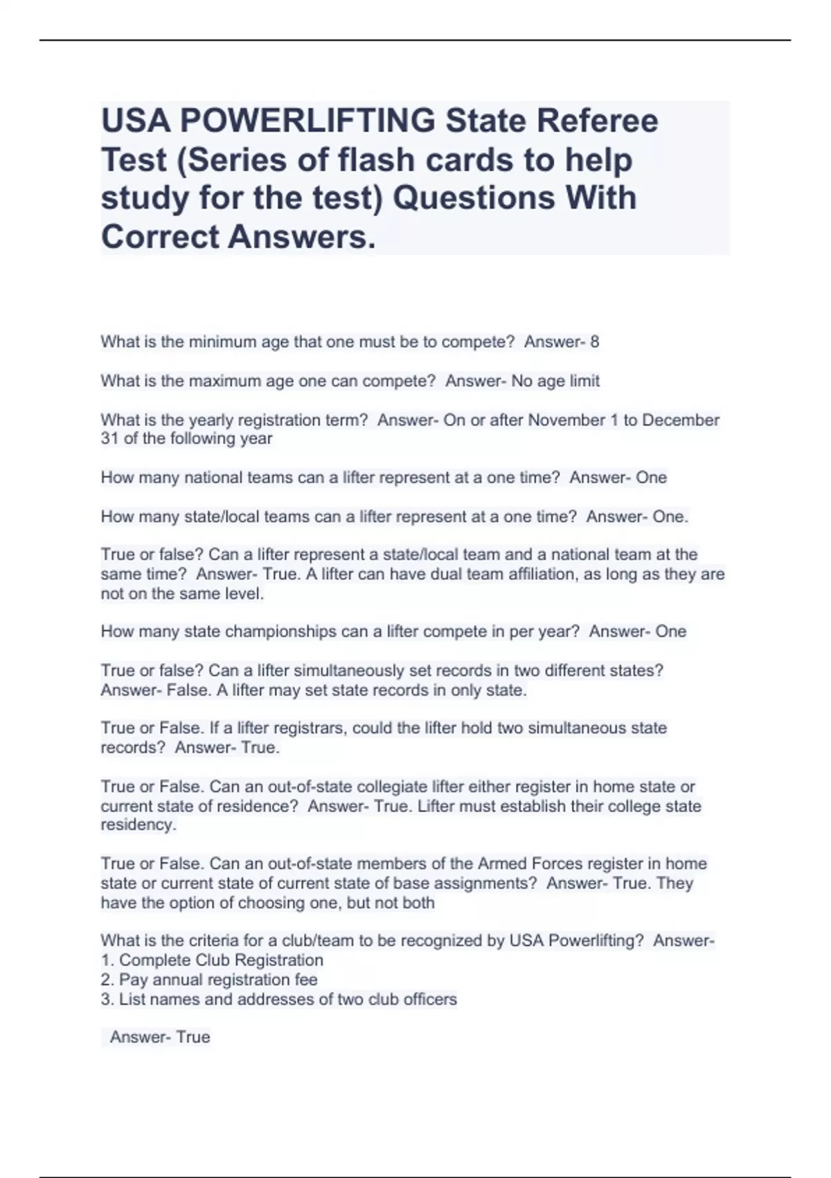 USA POWERLIFTING State Referee Test (Series of flash cards to help ...