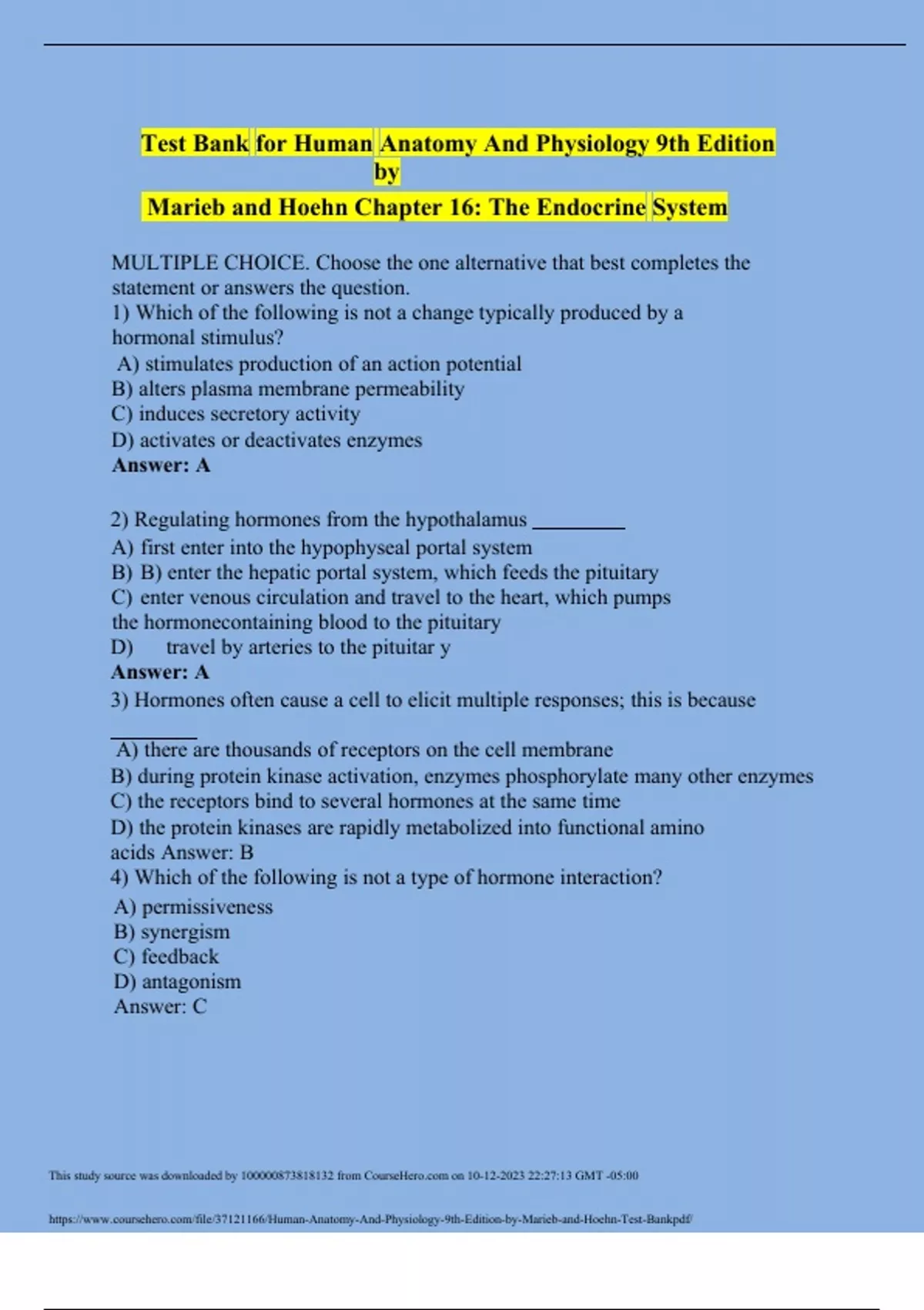 Test Bank for Human Anatomy And Physiology 9th Edition by Marieb and ...