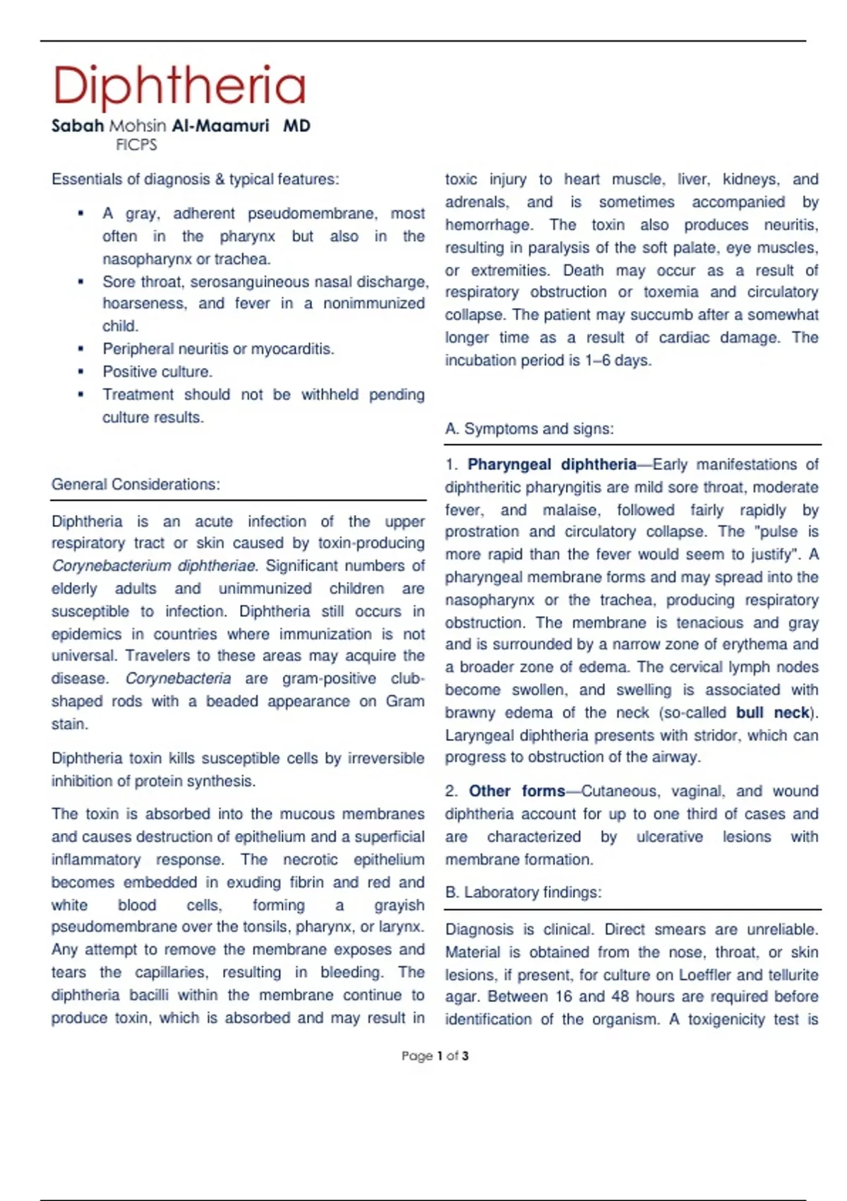 Diphtheria.pdf - Medicine - Stuvia UK