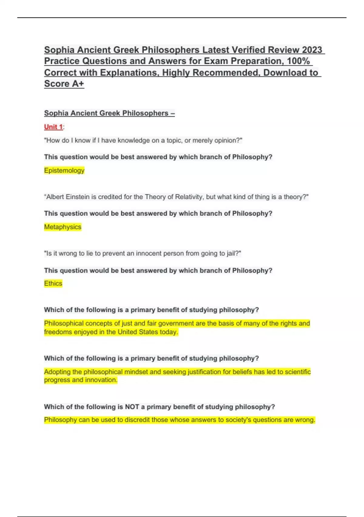 Sophia Ancient Greek Philosophers Latest Verified Review 2023 Practice ...