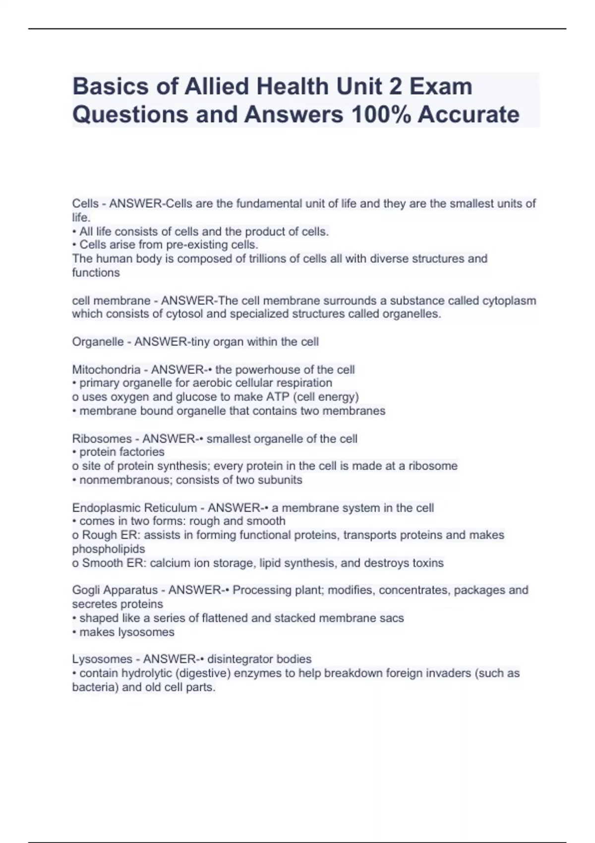 Basics of Allied Health Unit 2 Exam Questions and Answers 100% Accurate ...