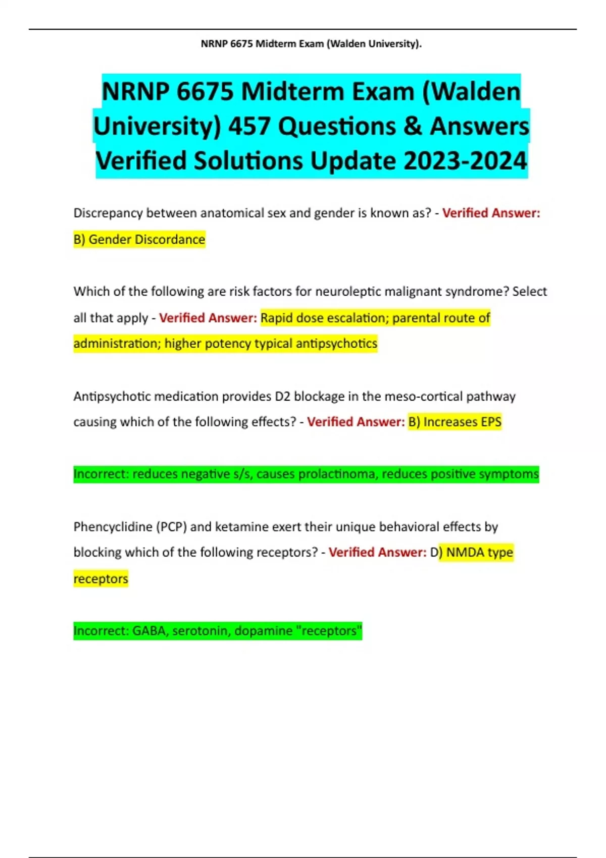 NRNP 6675 Midterm Exam (Walden University) 457 Questions & Answers ...