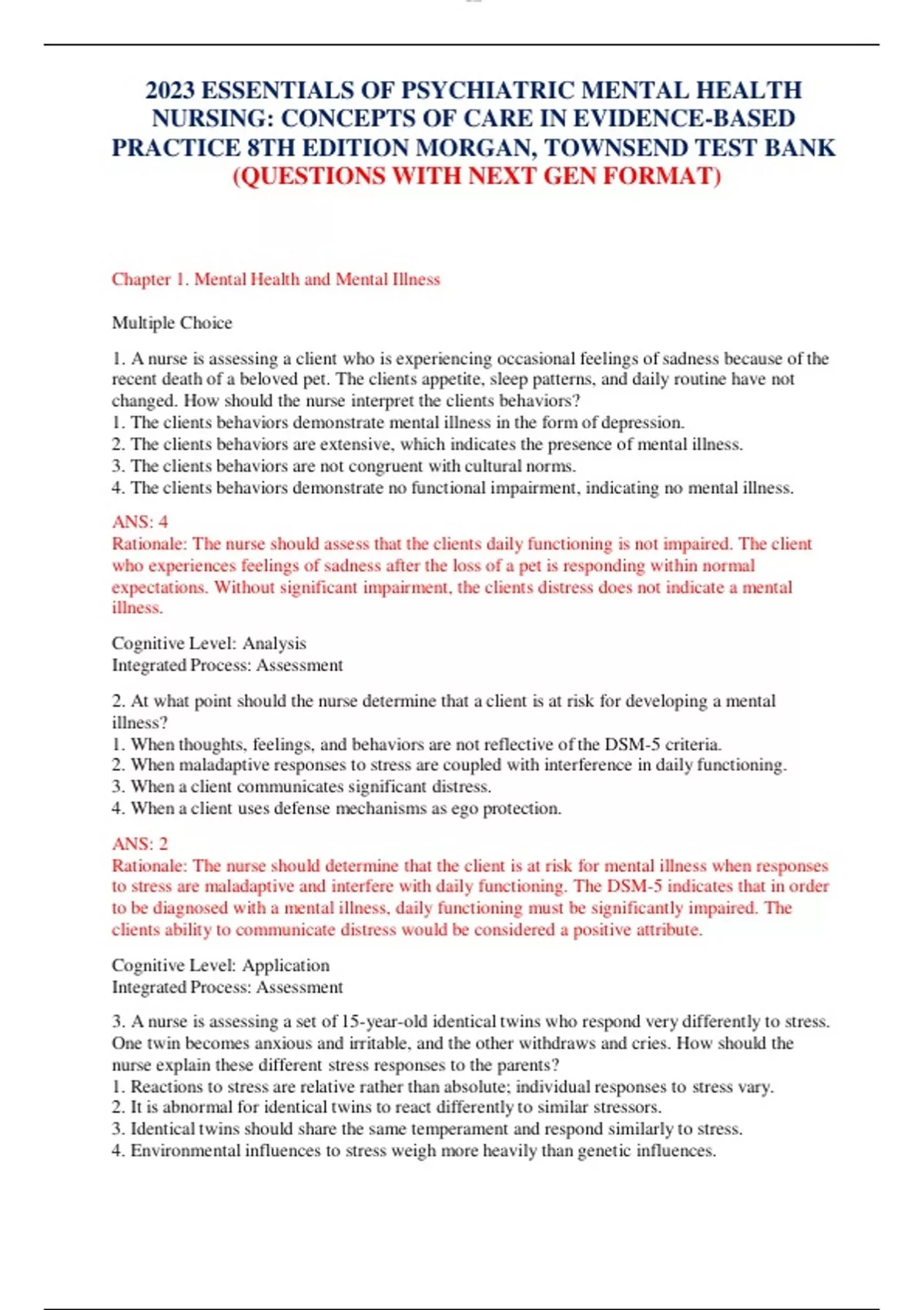 2023 ESSENTIALS OF PSYCHIATRIC MENTAL HEALTH NURSING: CONCEPTS OF CARE ...