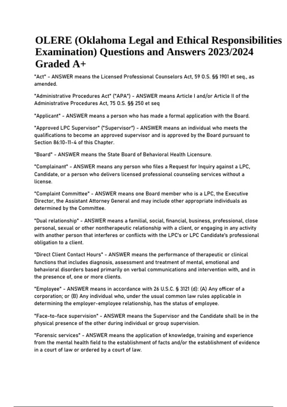 OLERE FINAL EXAM WITH 241 QUESTIONS AND ANSWERS 2023/2024 VERIFIED ...