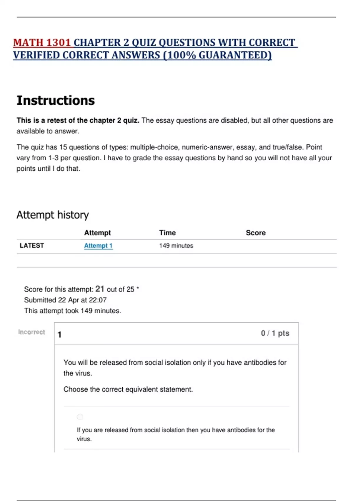 MATH 1301 CHAPTER 2 QUIZ QUESTIONS WITH CORRECT VERIFIED CORRECT ...