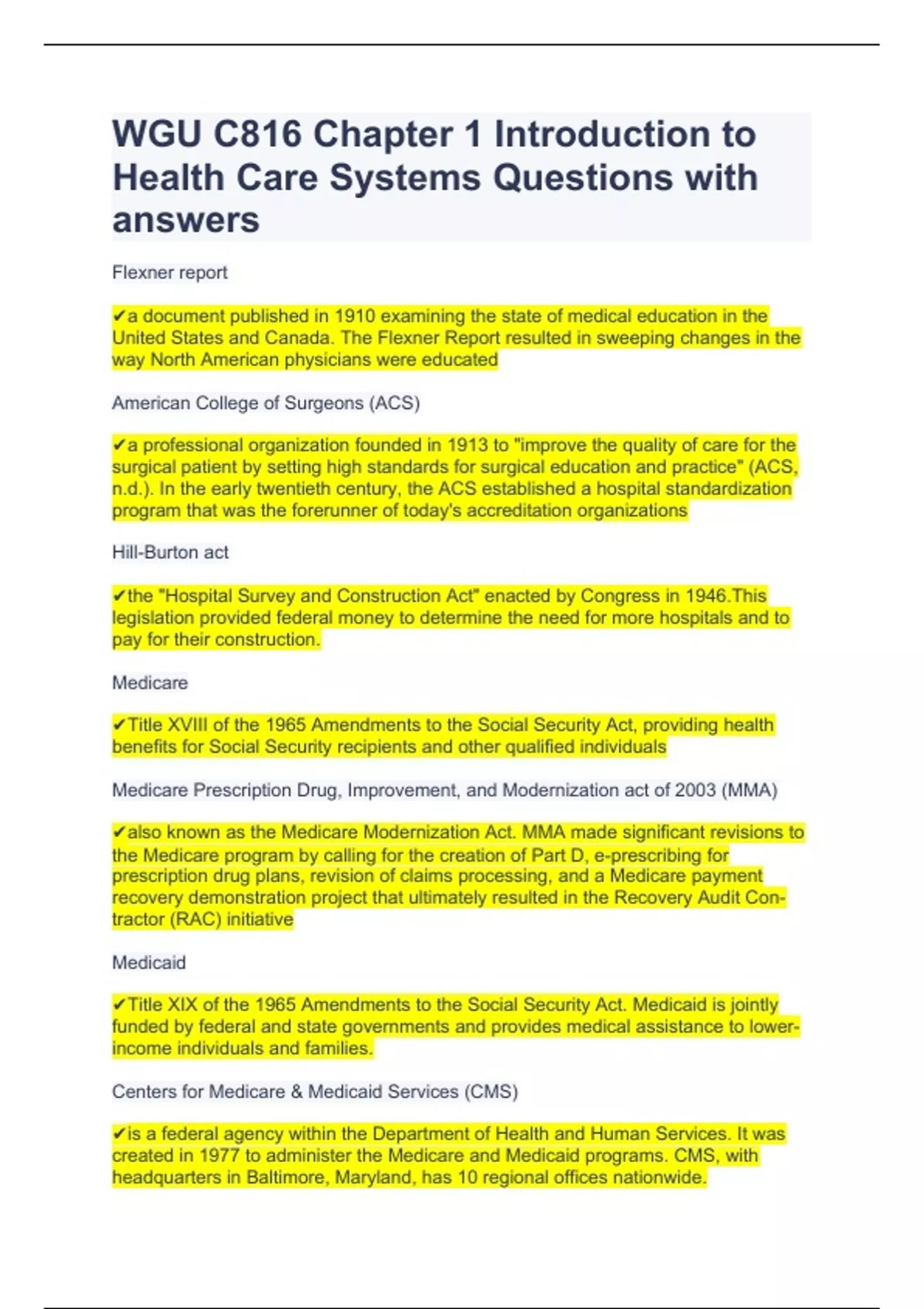 WGU C816 Chapter 1 Introduction to Health Care Systems Questions with ...