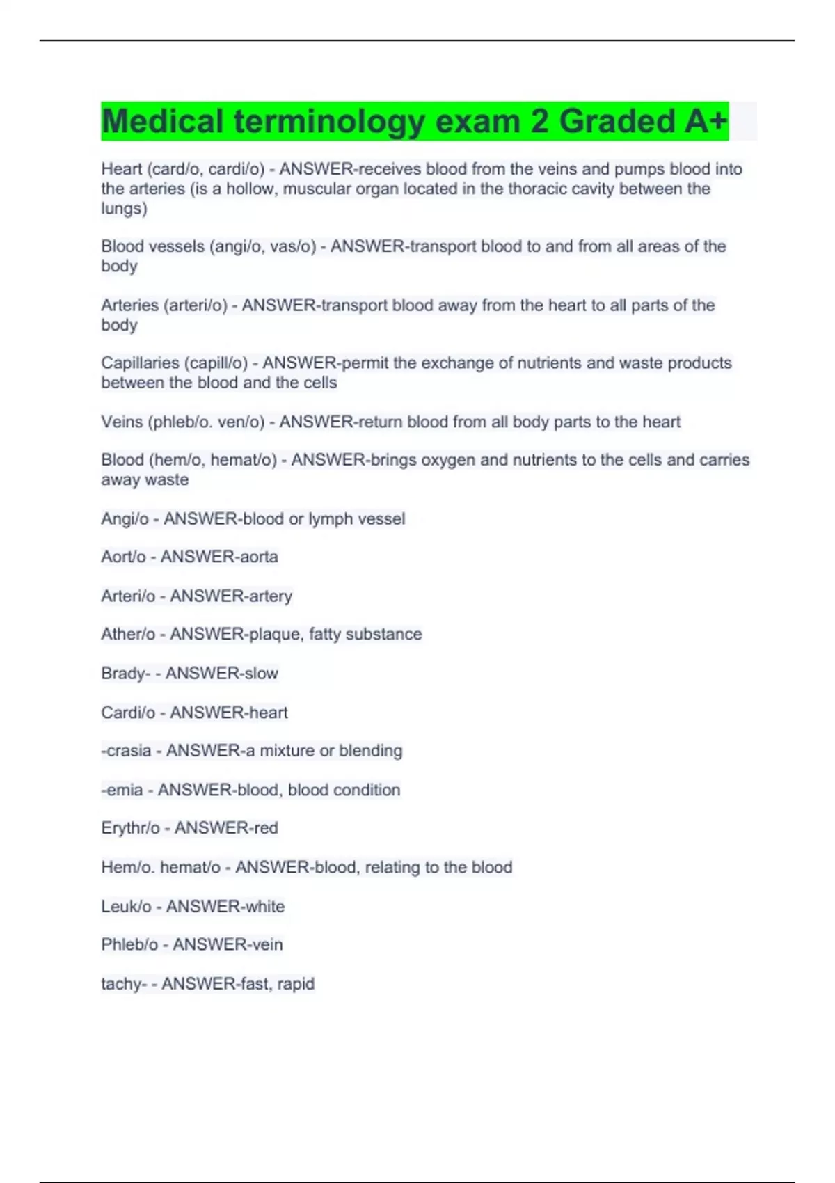 Medical terminology exam 2 Graded A+ - Medical Terminology - Stuvia US