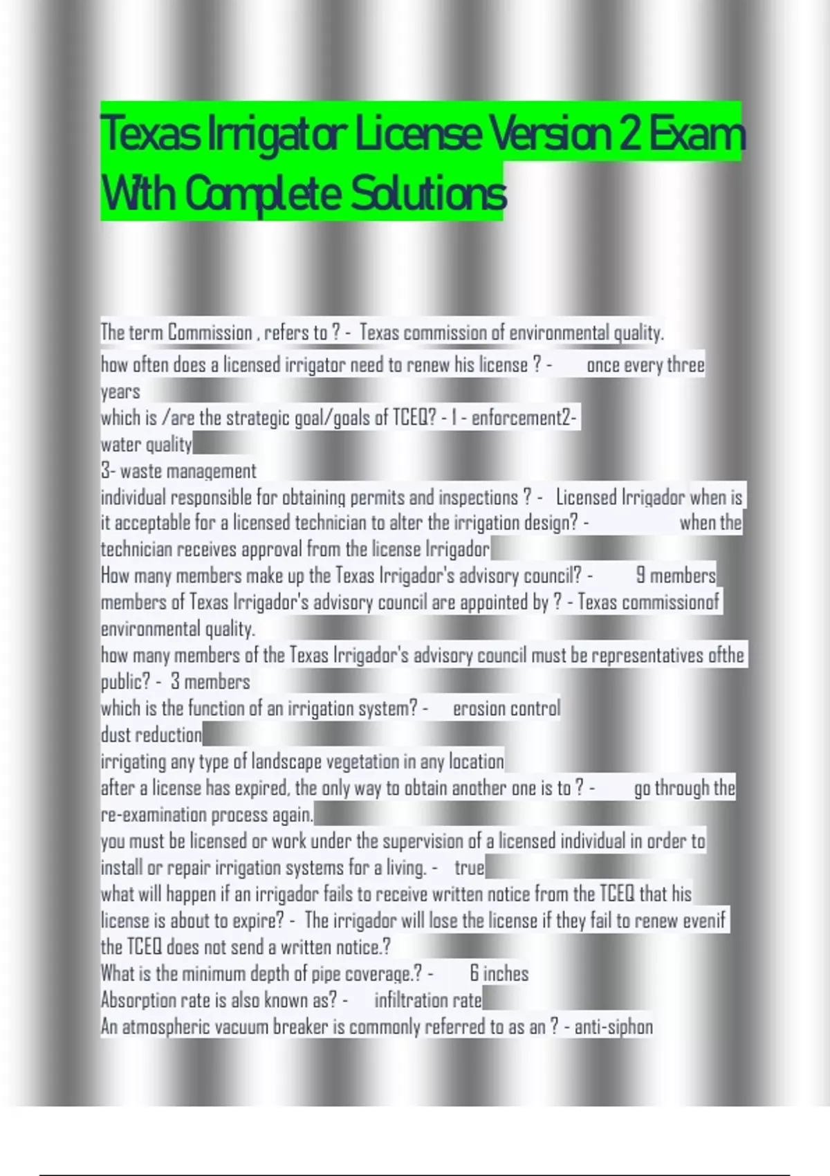 Texas Irrigator License Version 2 Exam With Complete Solutions - Texas ...