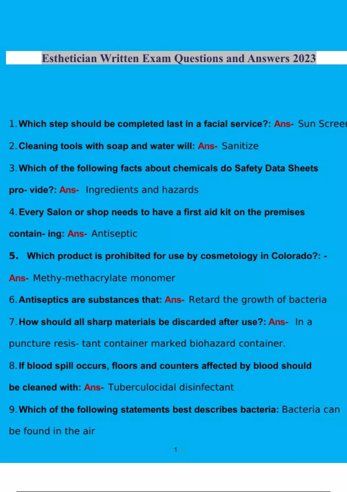 Esthetician Written Exam Questions and Answers 2023 with complete ...