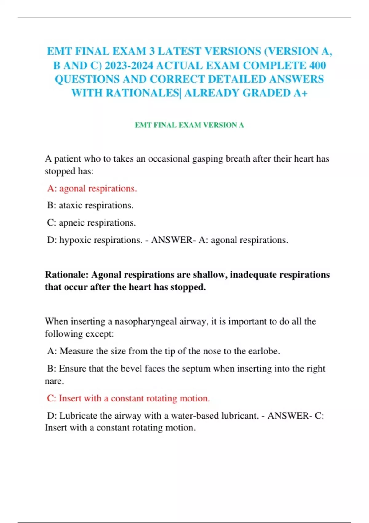 EMT FINAL EXAM 3 LATEST VERSIONS (VERSION A, B AND C) ACTUAL EXAM ...