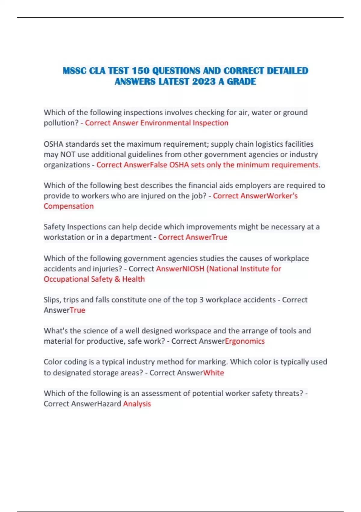 MSSC CLA TEST 150 QUESTIONS AND CORRECT DETAILED ANSWERS LATEST 2023 A ...