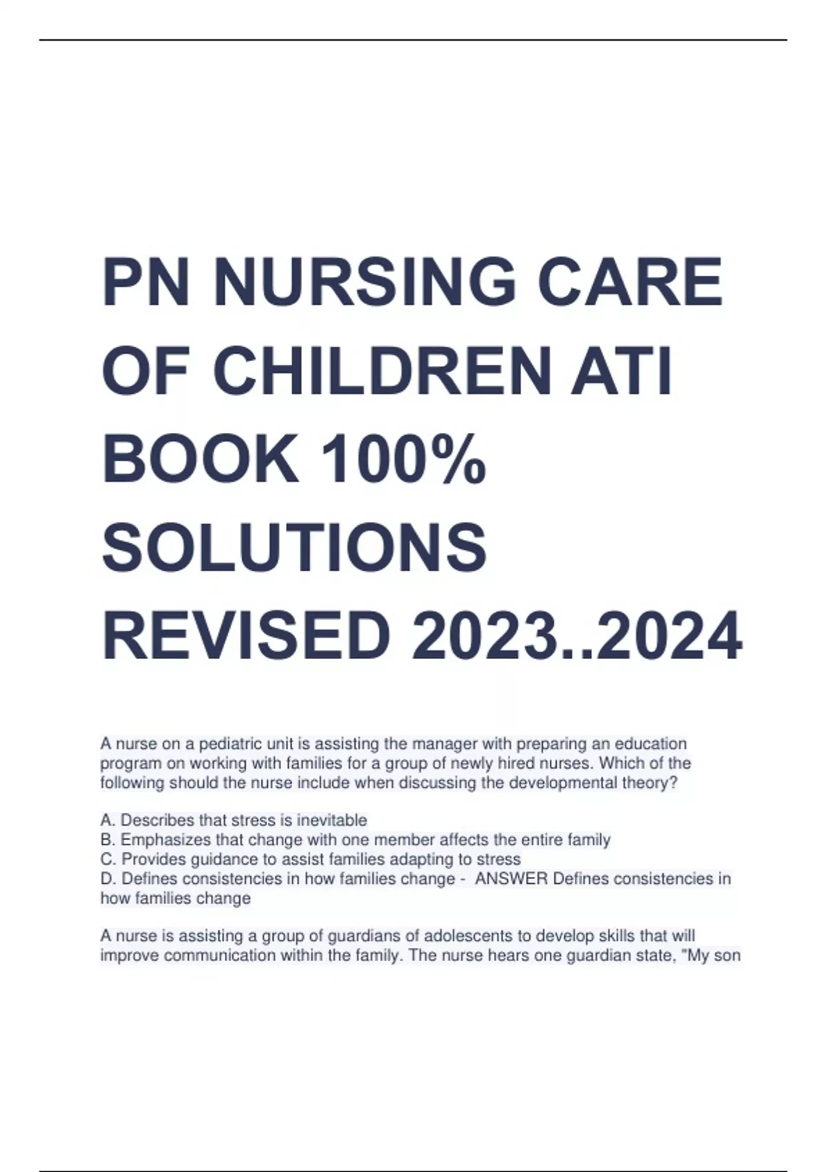 PN NURSING CARE OF CHILDREN ATI BOOK 100% SOLUTIONS REVISED 2023..2024 ...