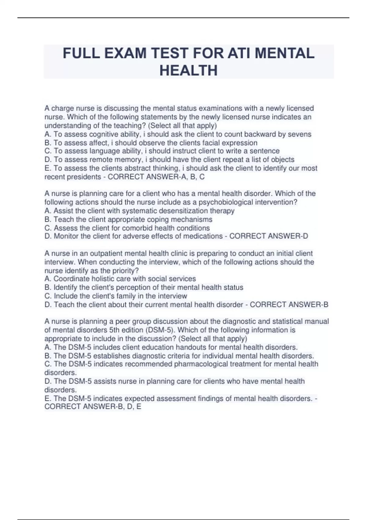FULL EXAM TEST FOR ATI MENTAL HEALTH - Ati mental health - Stuvia US