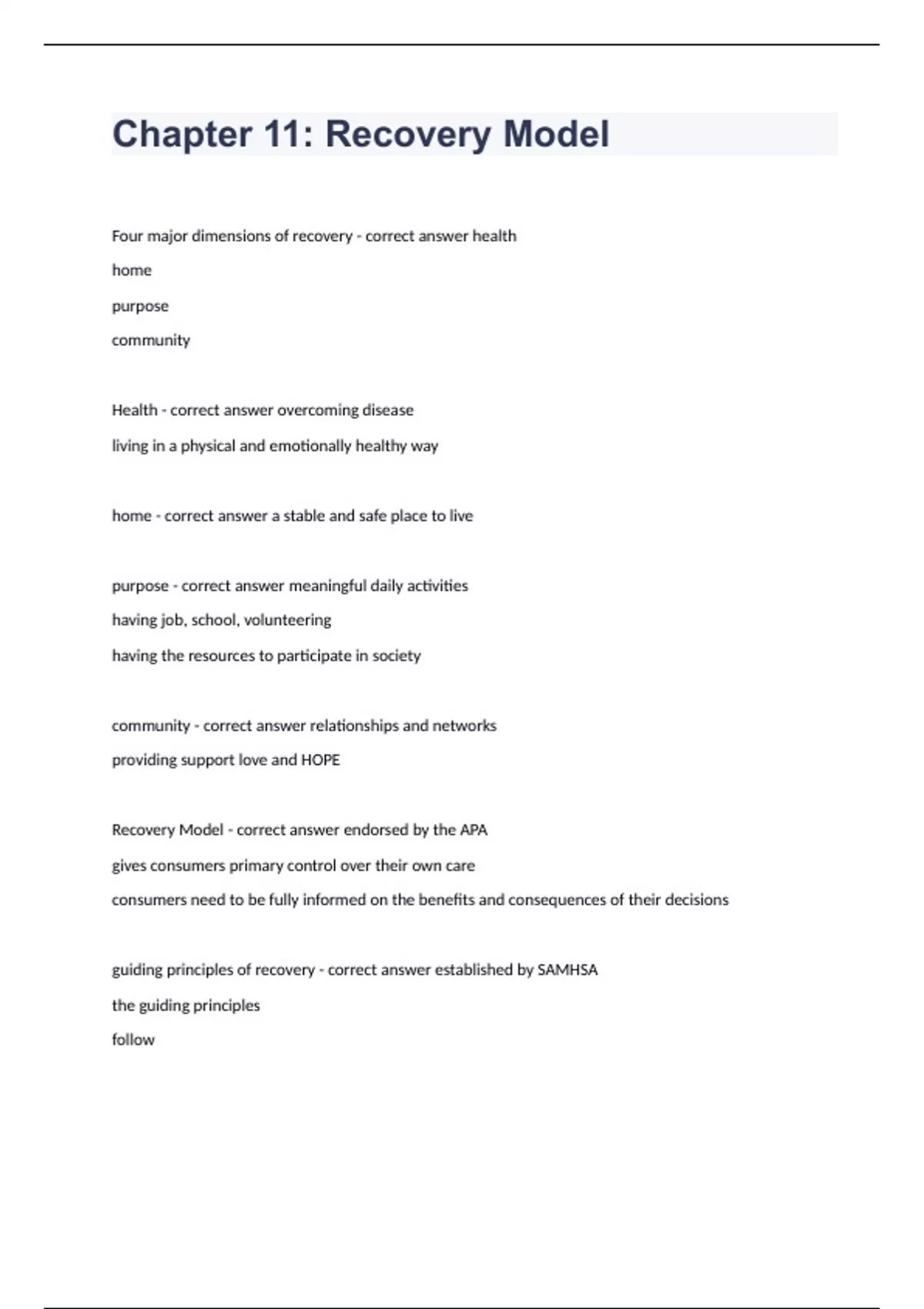Chapter 11: Recovery Model correctly answered rated A+ 2023 - Samhsa ...