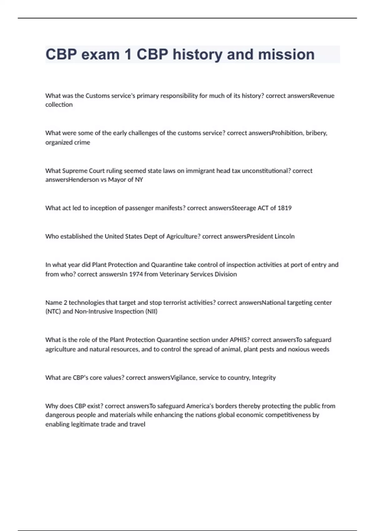 CBP exam 1 CBP history and mission with 100% correct answers - CBP CBP ...