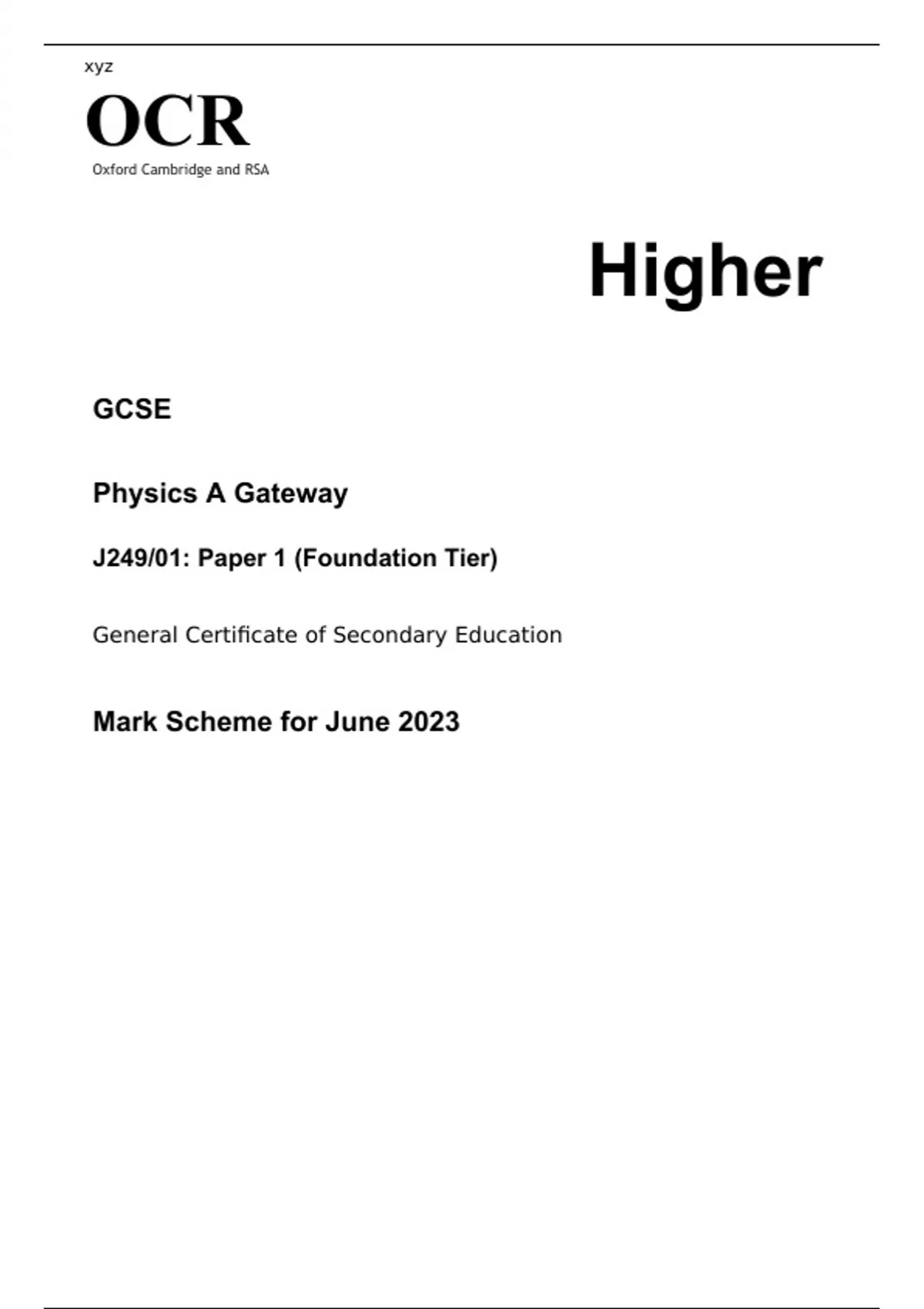 OCR GCSE (9–1) Physics A (Gateway Science) J249/01 Paper 1 Foundation ...
