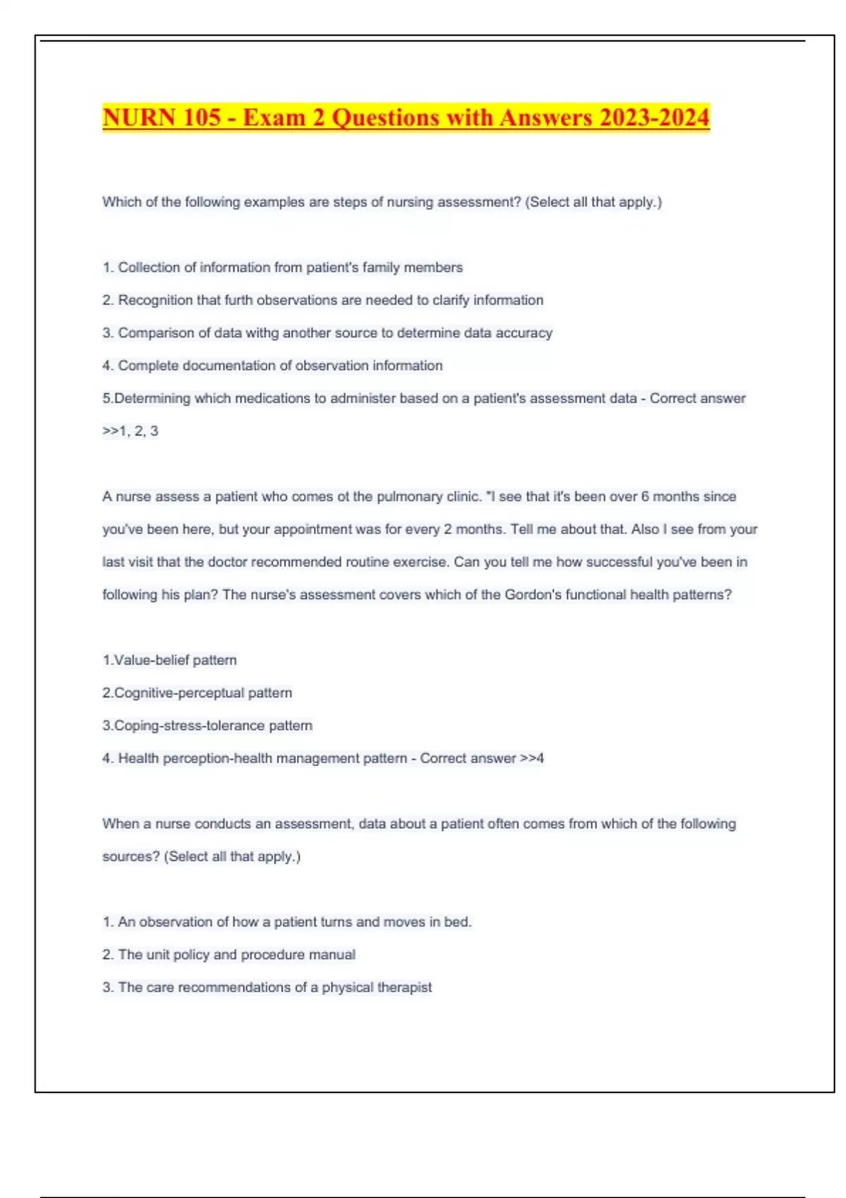 NURN 105 - Exam 2 Questions with Answers - NURN 105 - Stuvia US