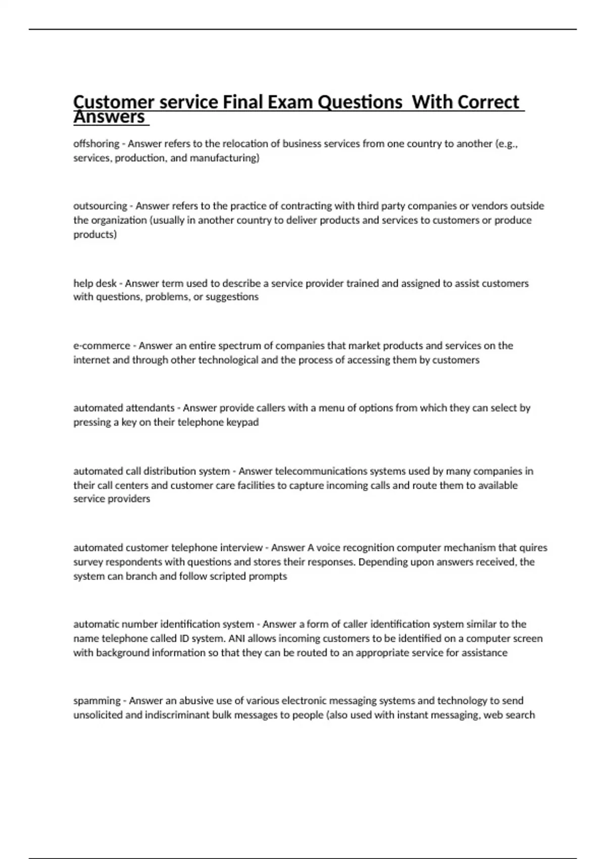 Customer service Final Exam Questions With Correct Answers - Customer ...