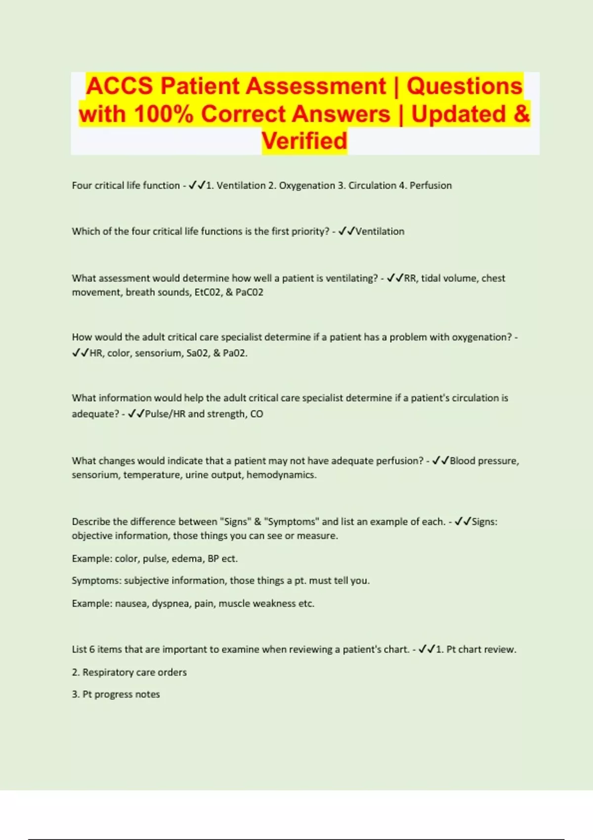 ACCS Patient Assessment | Questions with 100% Correct Answers | Updated & Verified - ACCS ...