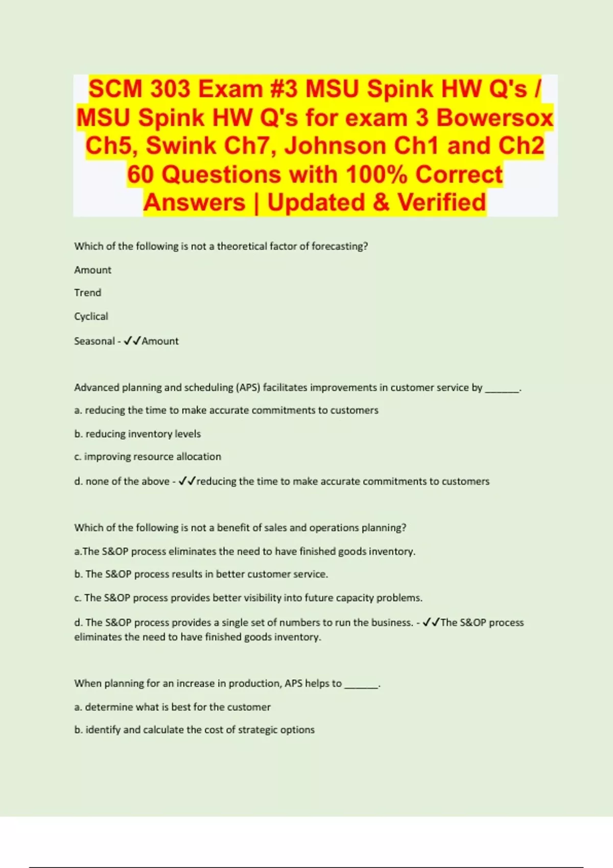 SCM 303 Exam #3 MSU Spink HW Q's / MSU Spink HW Q's for exam 3 Bowersox Ch5, Swink Ch7, Johnson ...