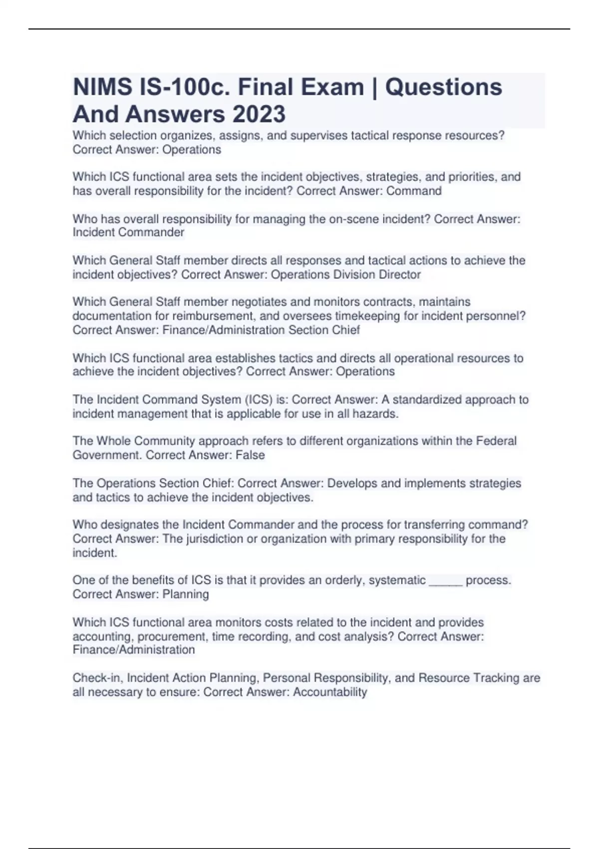 NIMS IS-100c. Final Exam | Questions And Answers 2023 - ICS)-100 - Stuvia US