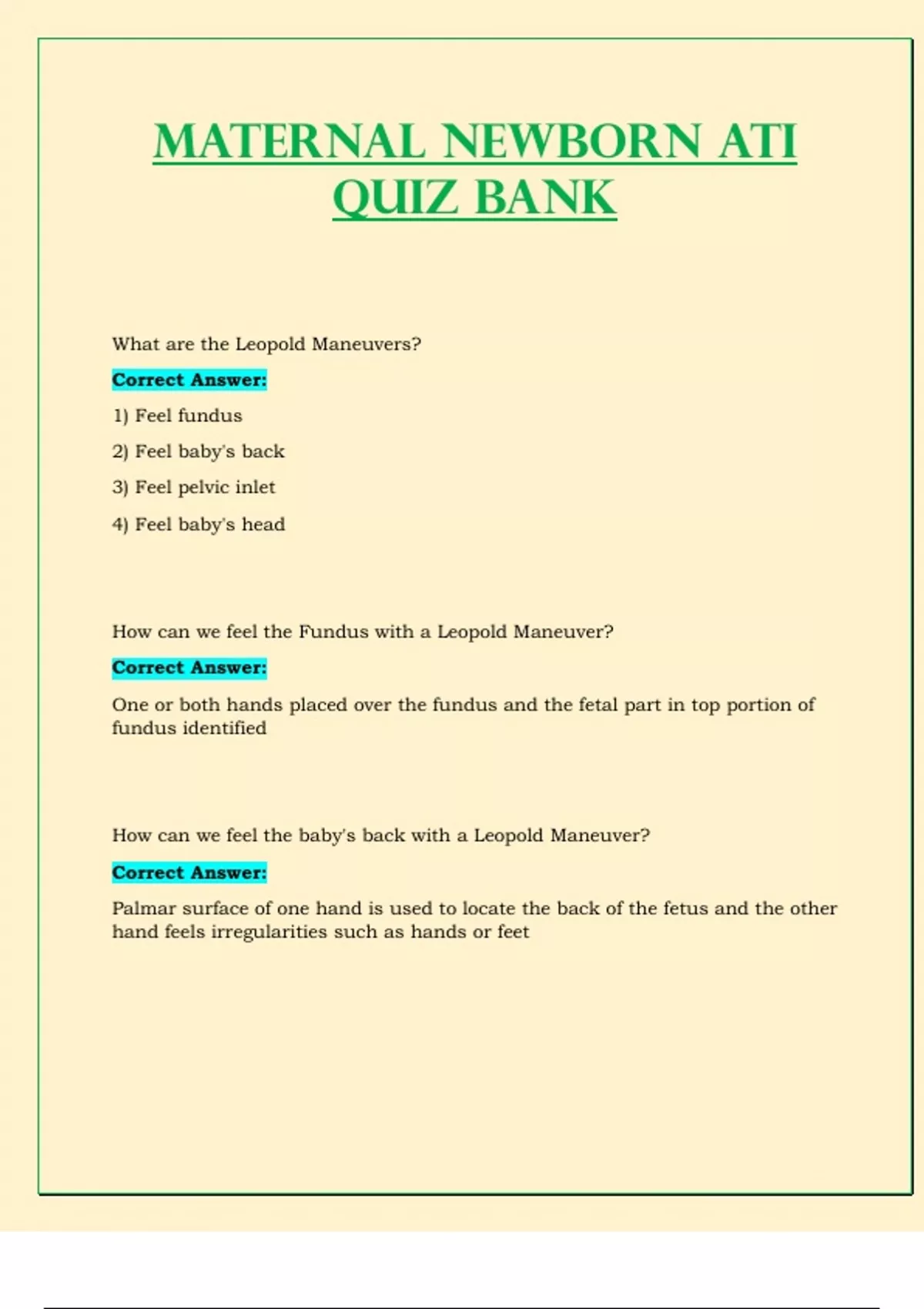 Maternal Newborn ATI Quiz Bank - Maternity newborn - Stuvia US