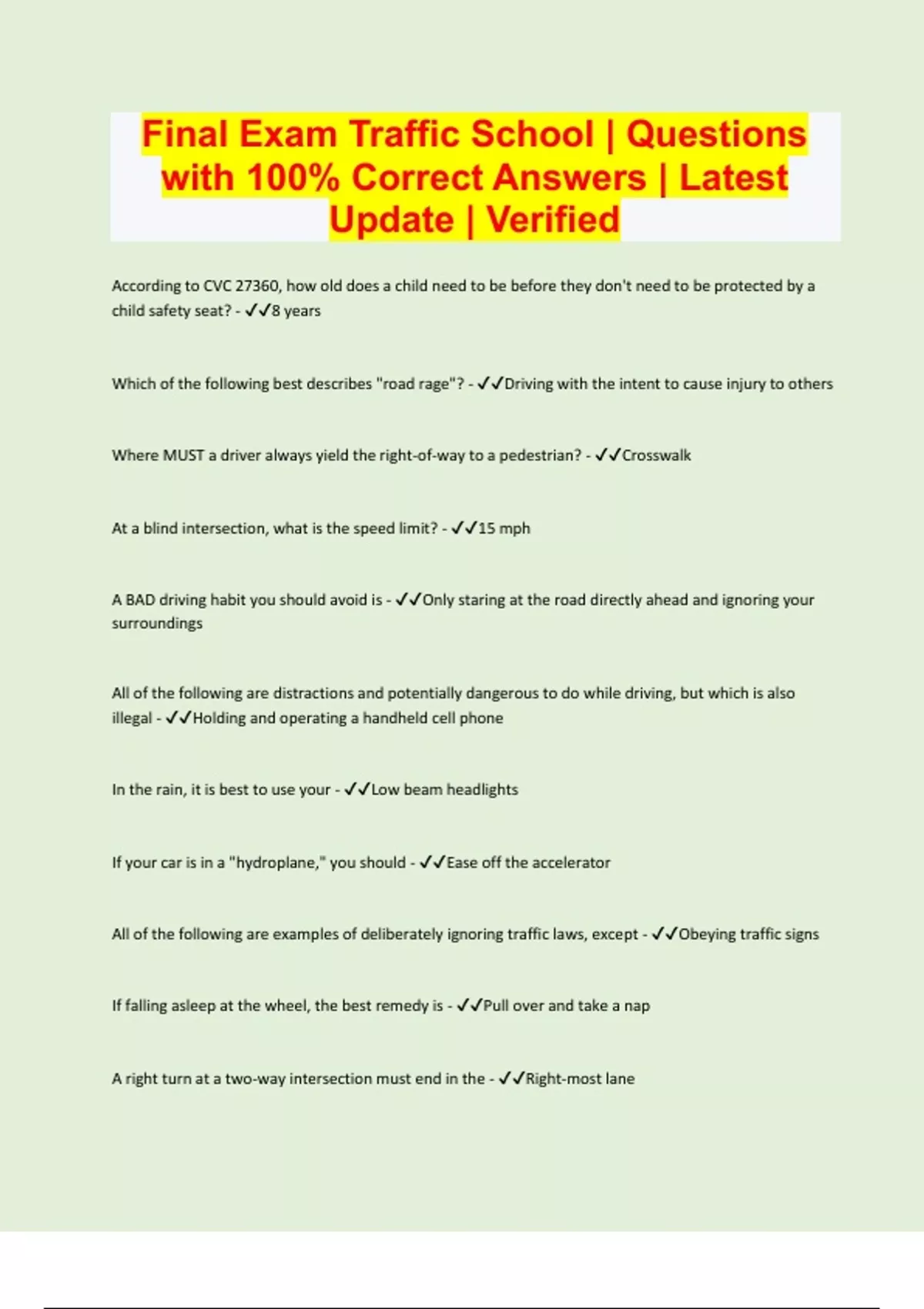 Final Exam Traffic School | Questions with 100% Correct Answers ...