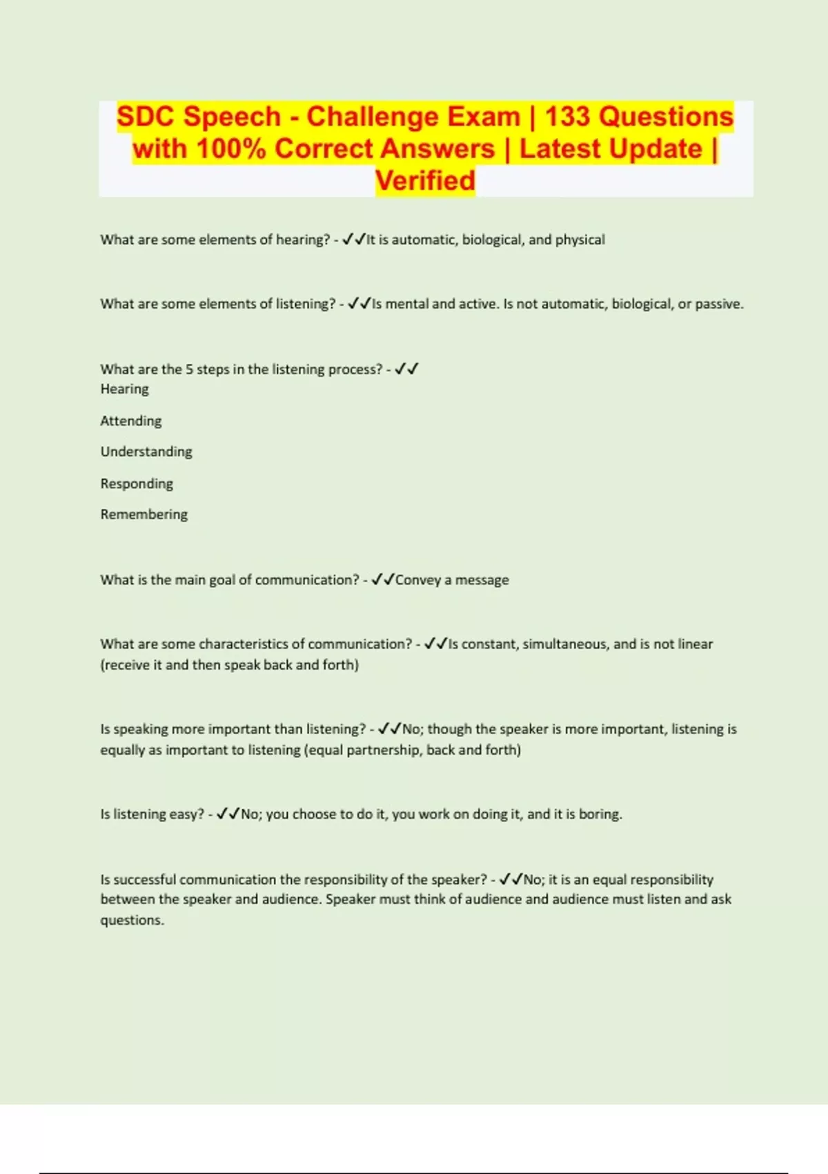 SDC Speech - Challenge Exam | 133 Questions with 100% Correct Answers ...