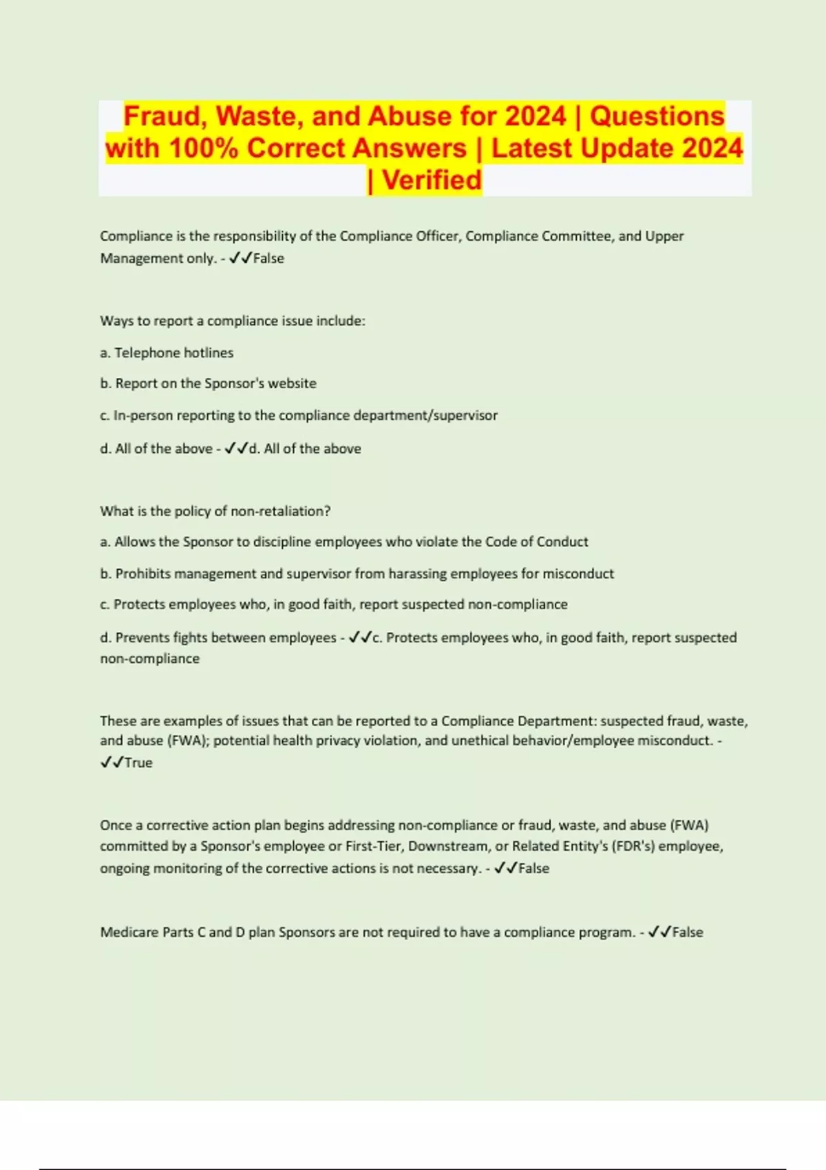 Fraud, Waste, and Abuse for 2024 | Questions with 100% Correct Answers ...